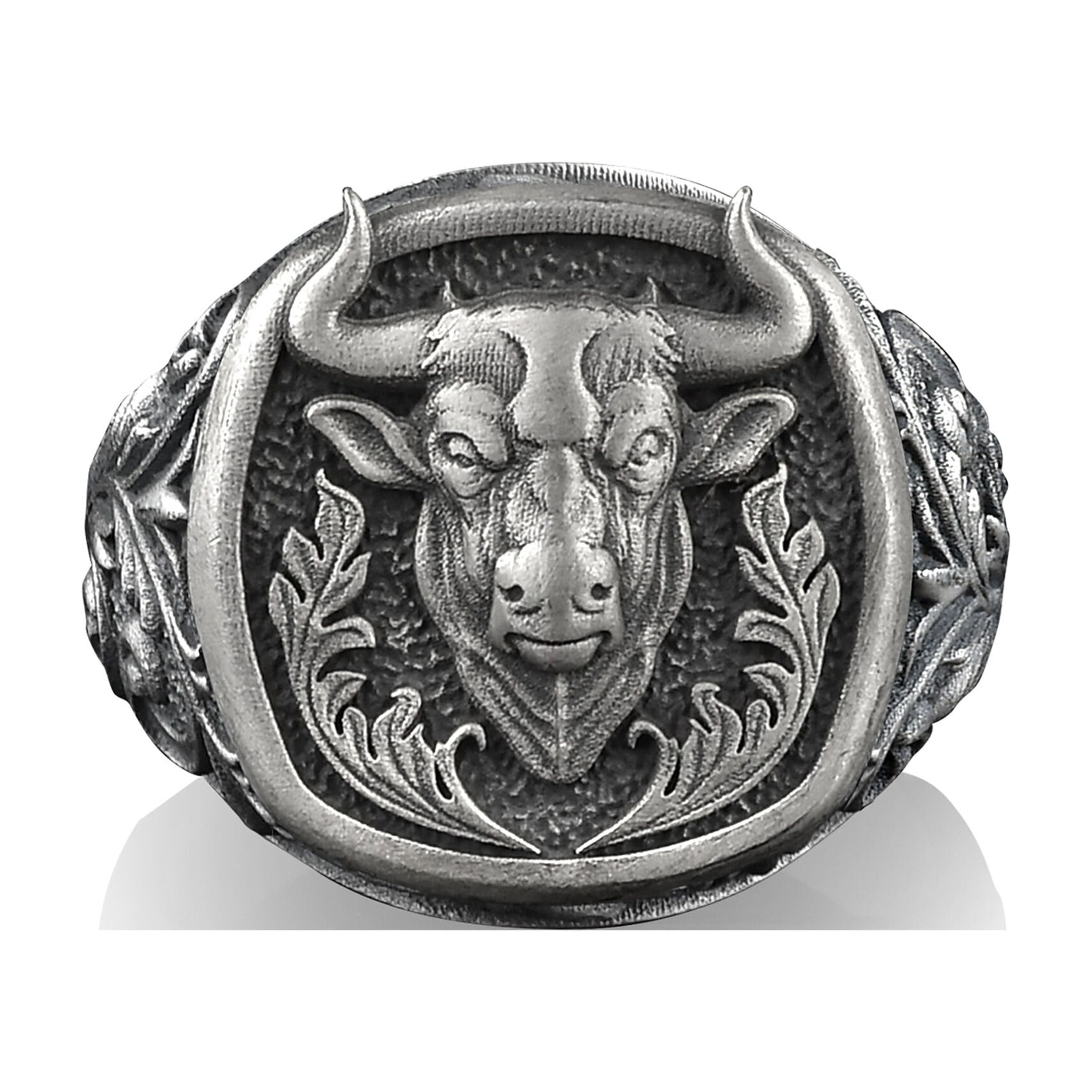 Zodiac Taurus Floral Signet Ring For Men in Sterling Silver, Pinky Bull ...
