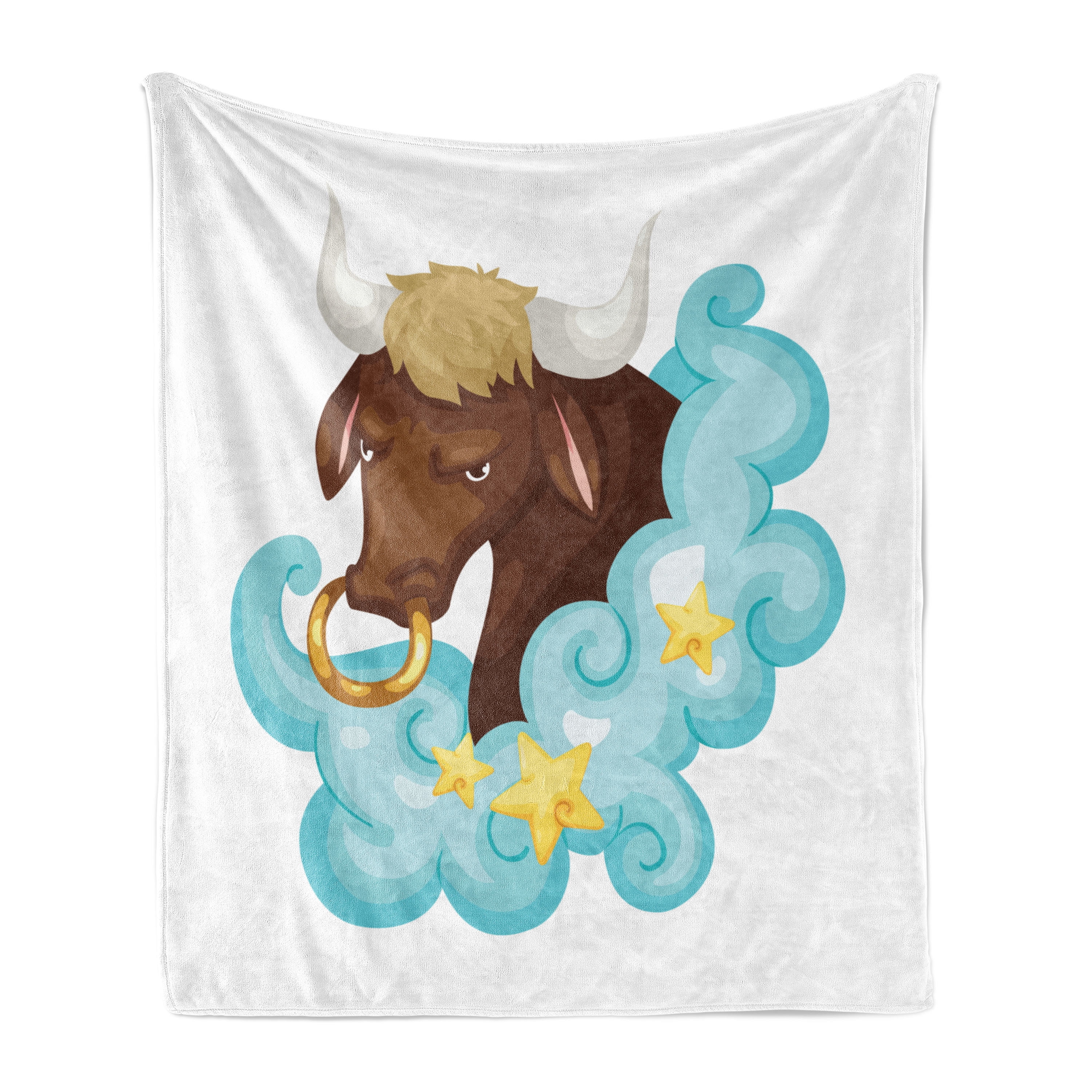Zodiac Taurus Soft Flannel Fleece Blanket, Cosmic Cartoon Art Bull Character Behind Blue Fluffy ...