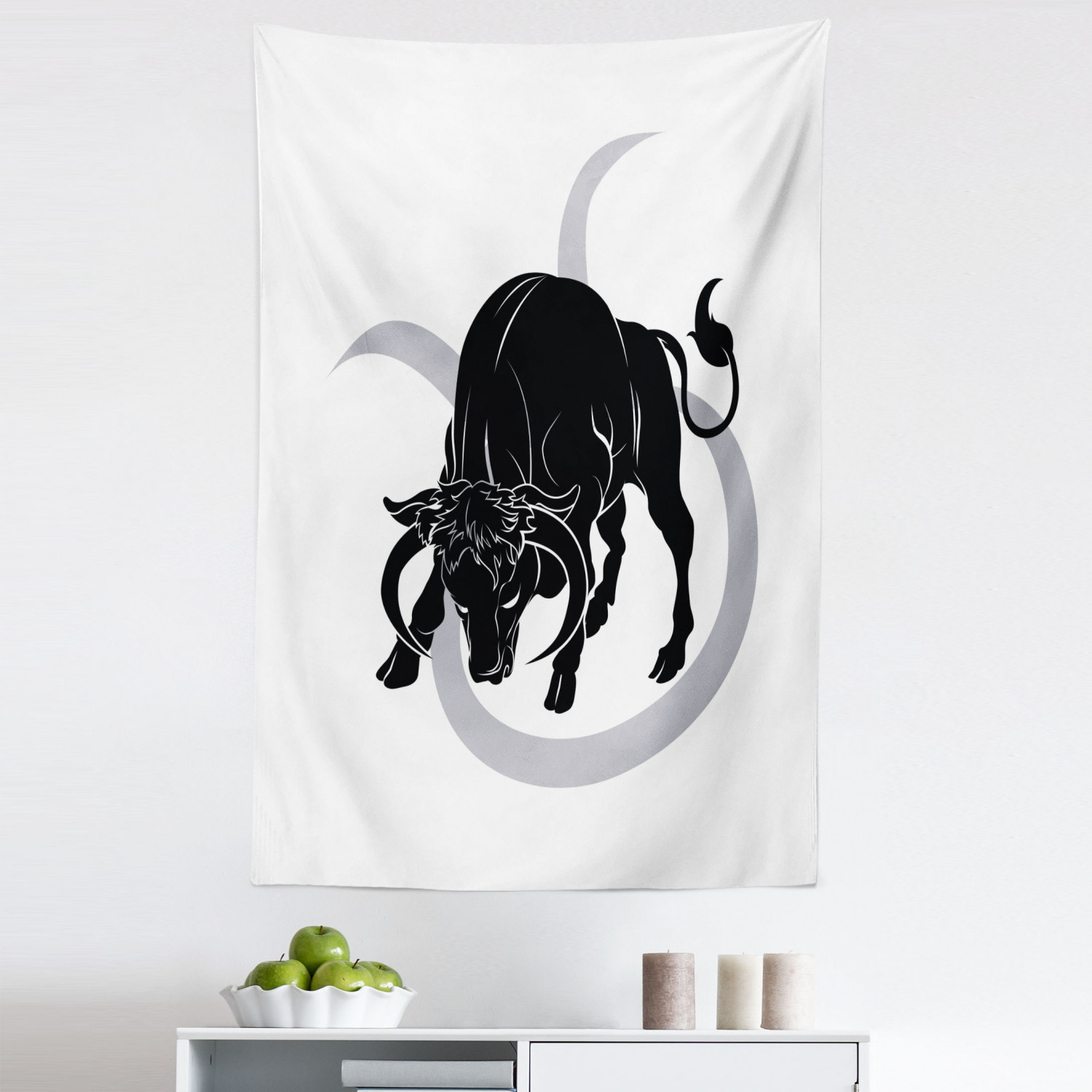 Zodiac Taurus Tapestry, Black Silhouette of Animal Ox on Horoscope ...