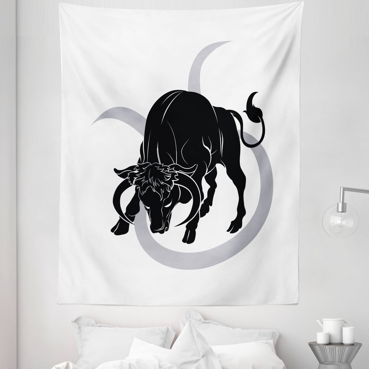 Zodiac Taurus Tapestry, Black Silhouette of Animal Ox on Horoscope ...