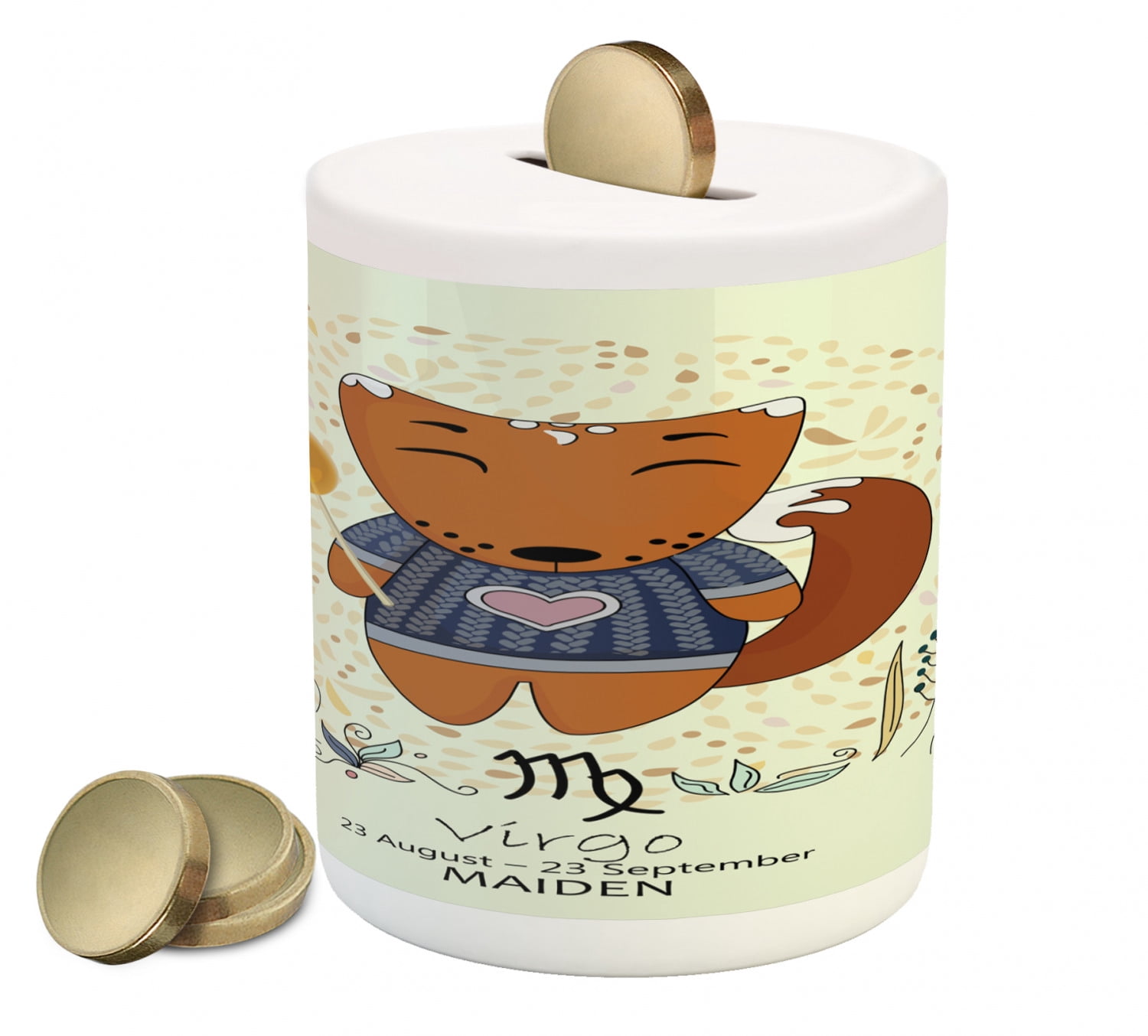 Zodiac Virgo Piggy Bank, Funny Happy Cartoon Character on a Floral ...