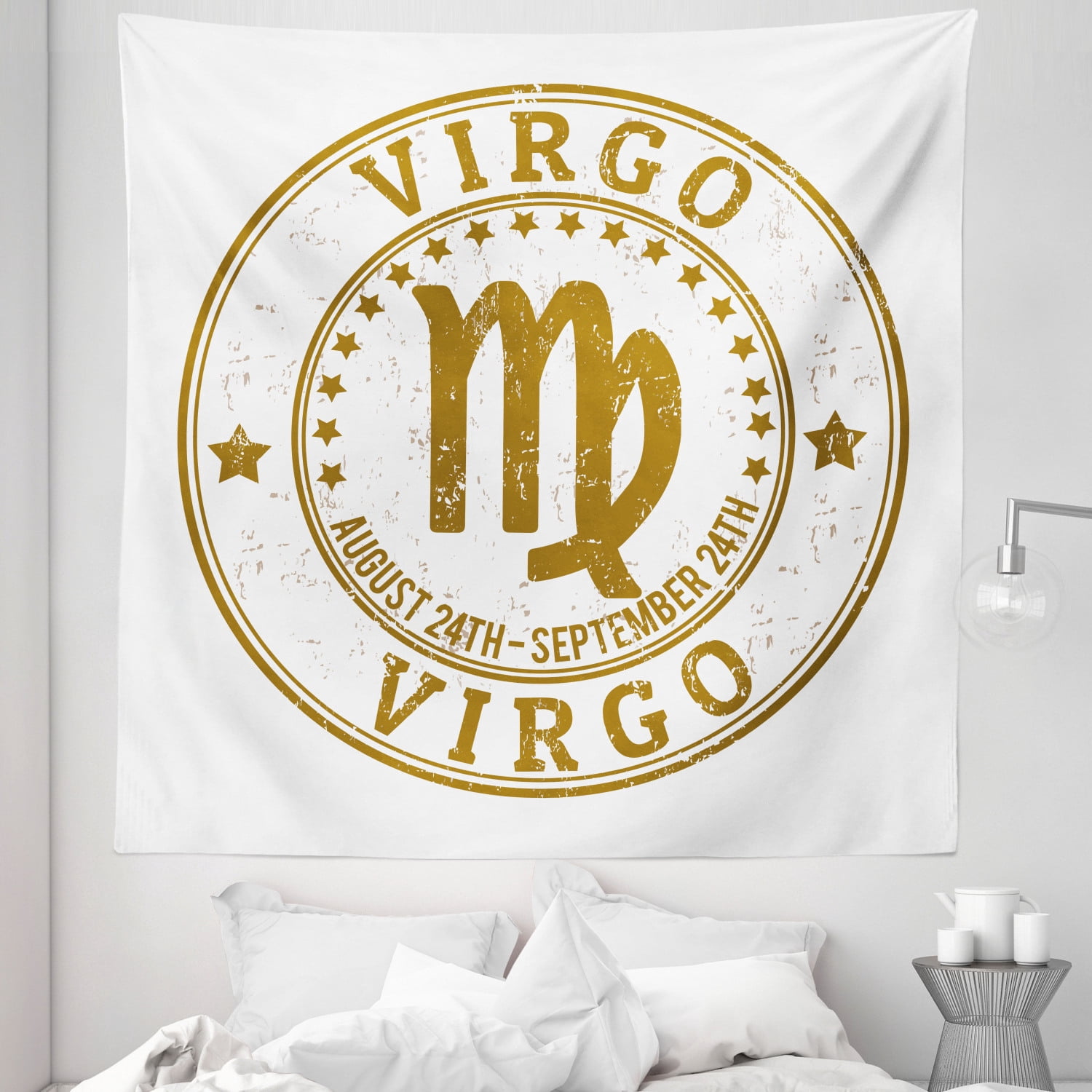 Zodiac Virgo Tapestry, Astrology Grunge Rubber Stamp Design with Stars ...