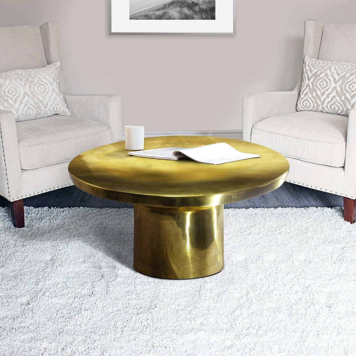Zoe 30 Inch Modern Classic Round Metal Coffee Table with Pedestal Base ...