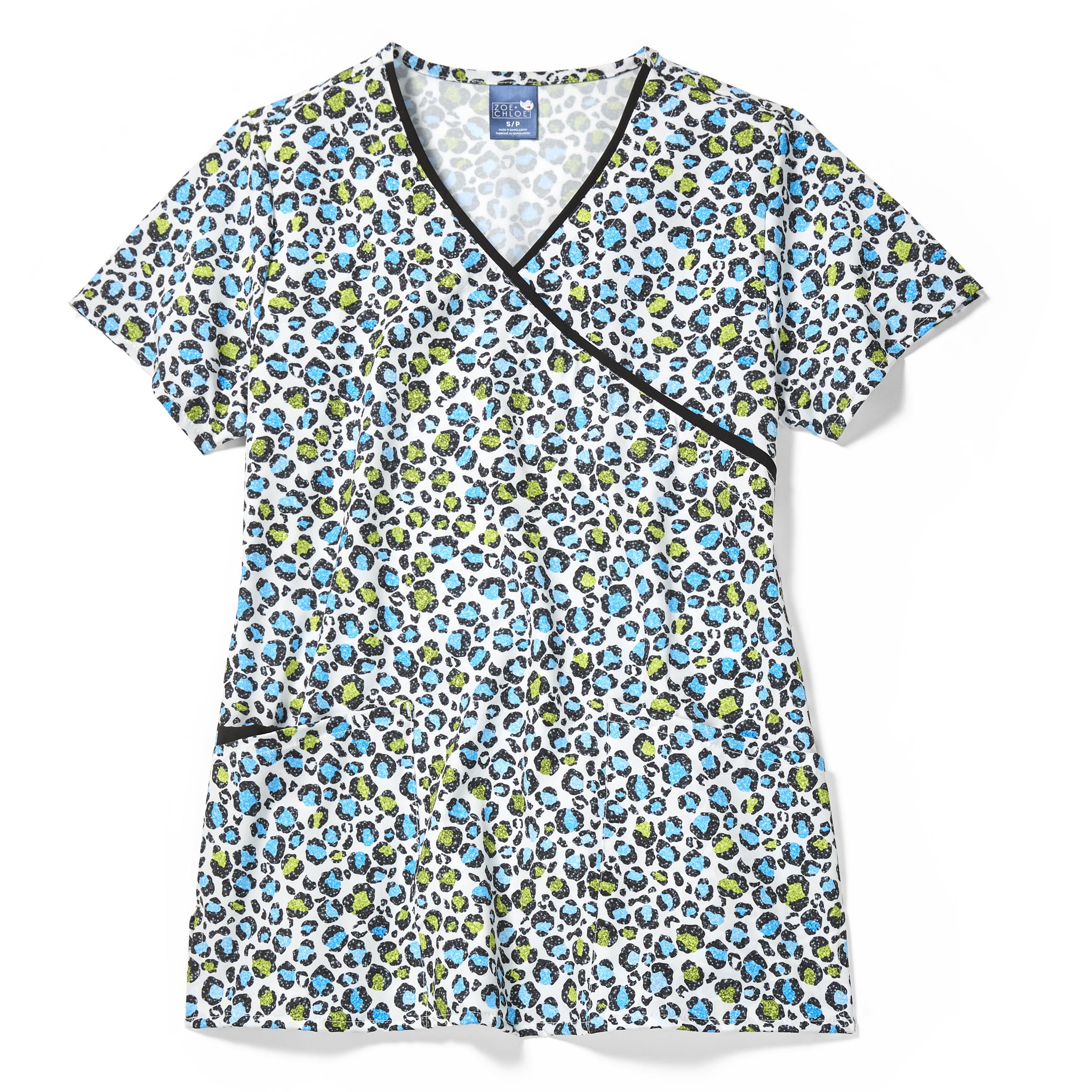 Zoe+Chloe Contrast Mock Wrap Print Scrub Top, Cheetah Bling, L ...