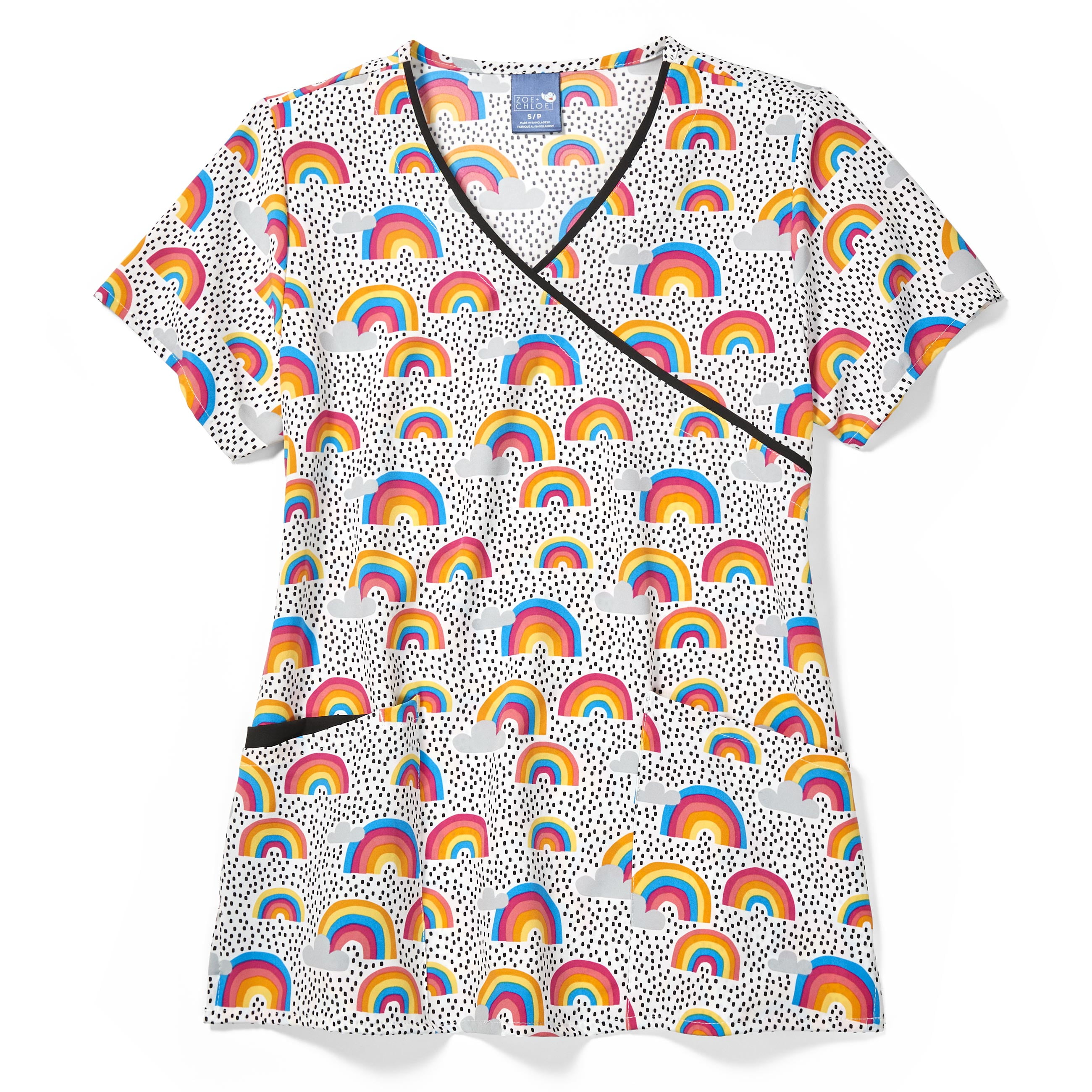 Zoe+Chloe Contrast Mock Wrap Print Scrub Top, Double Rainbow, 2X ...