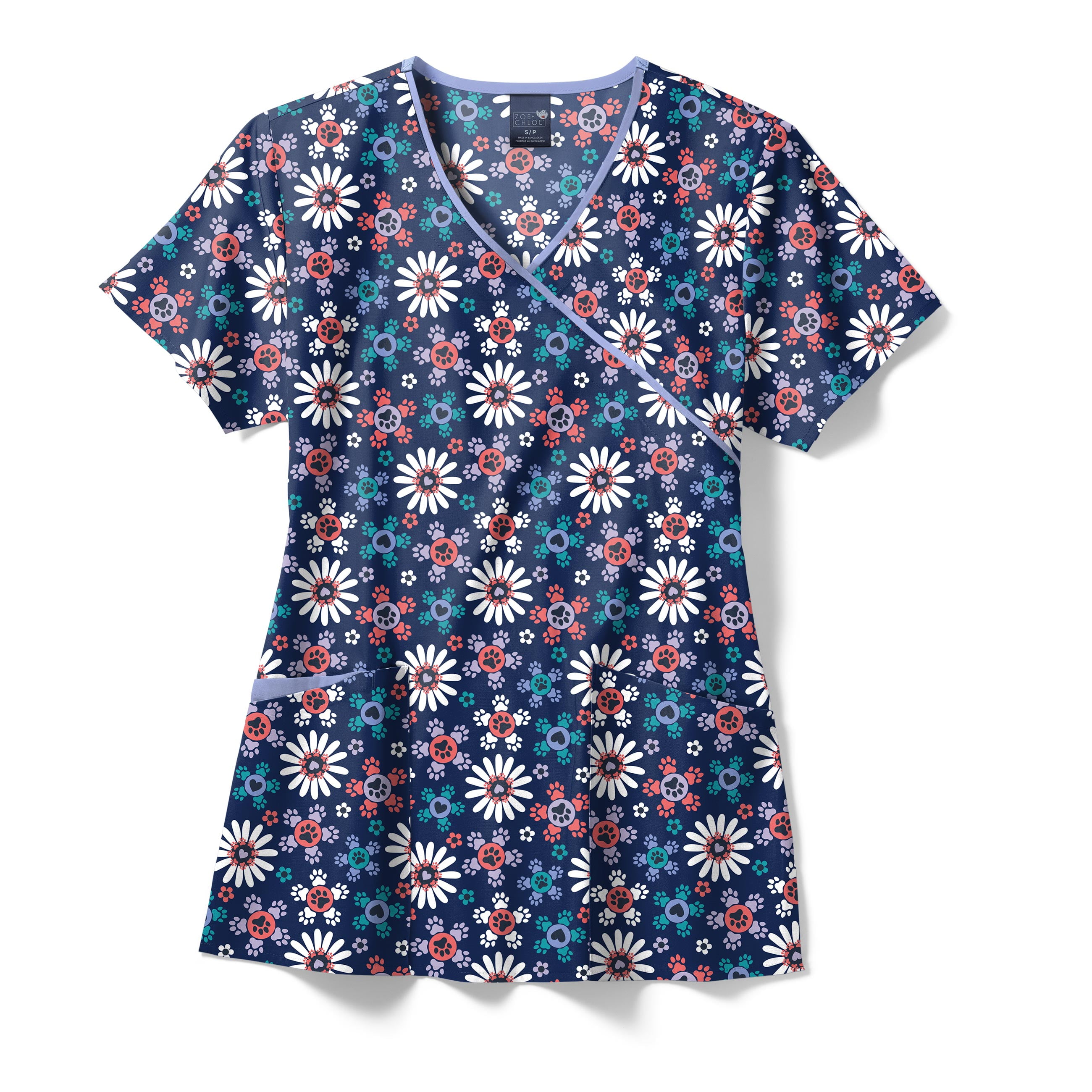 Zoe+Chloe Contrast Mock Wrap Print Scrub Top, Flower Paw-er, 4X ...