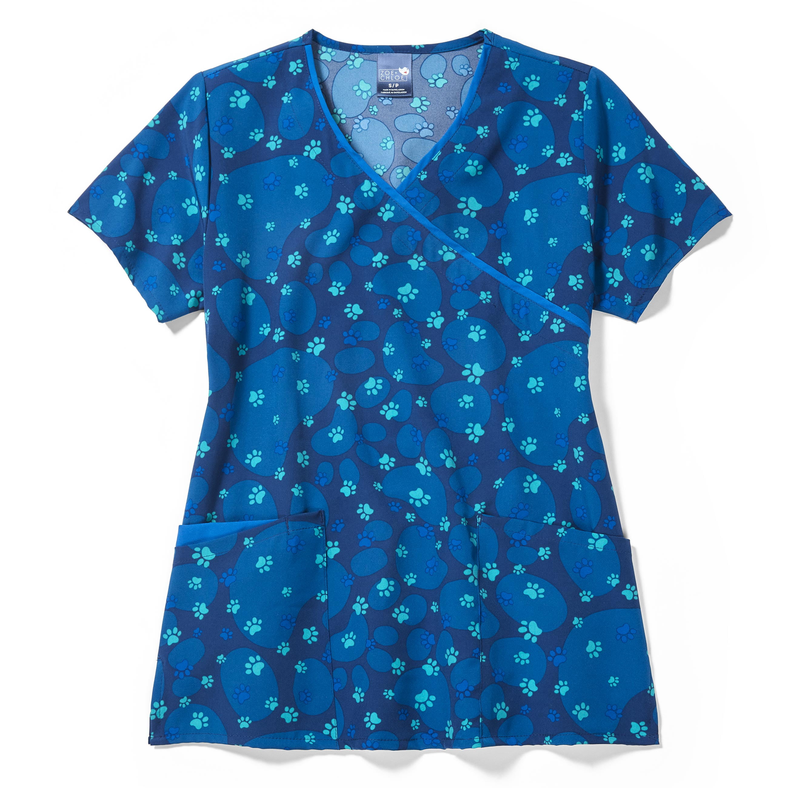 Zoe+Chloe Contrast Mock Wrap Print Scrub Top, Furmiliar Fun, M ...