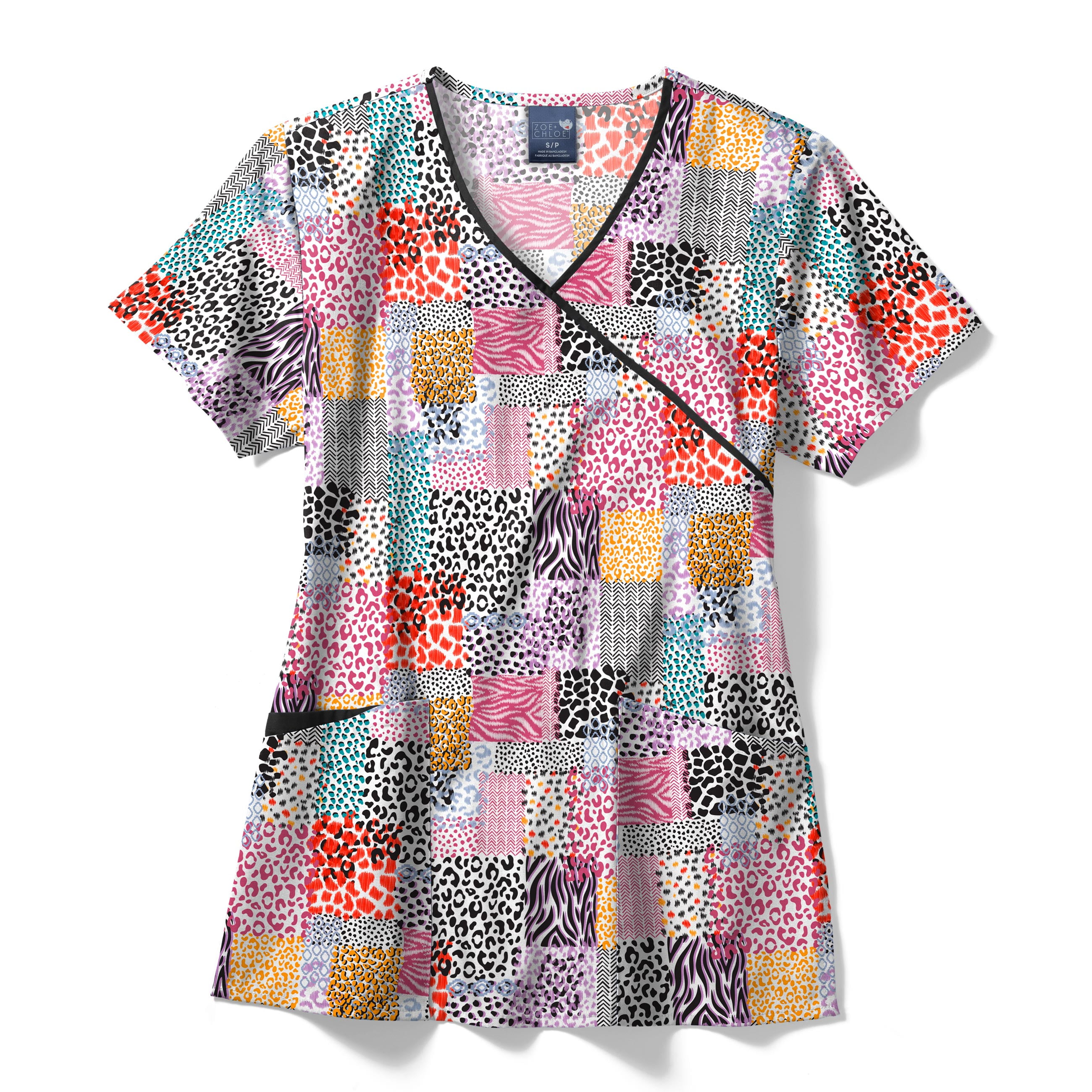 Zoe+Chloe Contrast Mock Wrap Print Scrub Top, Pattern Patch, S ...