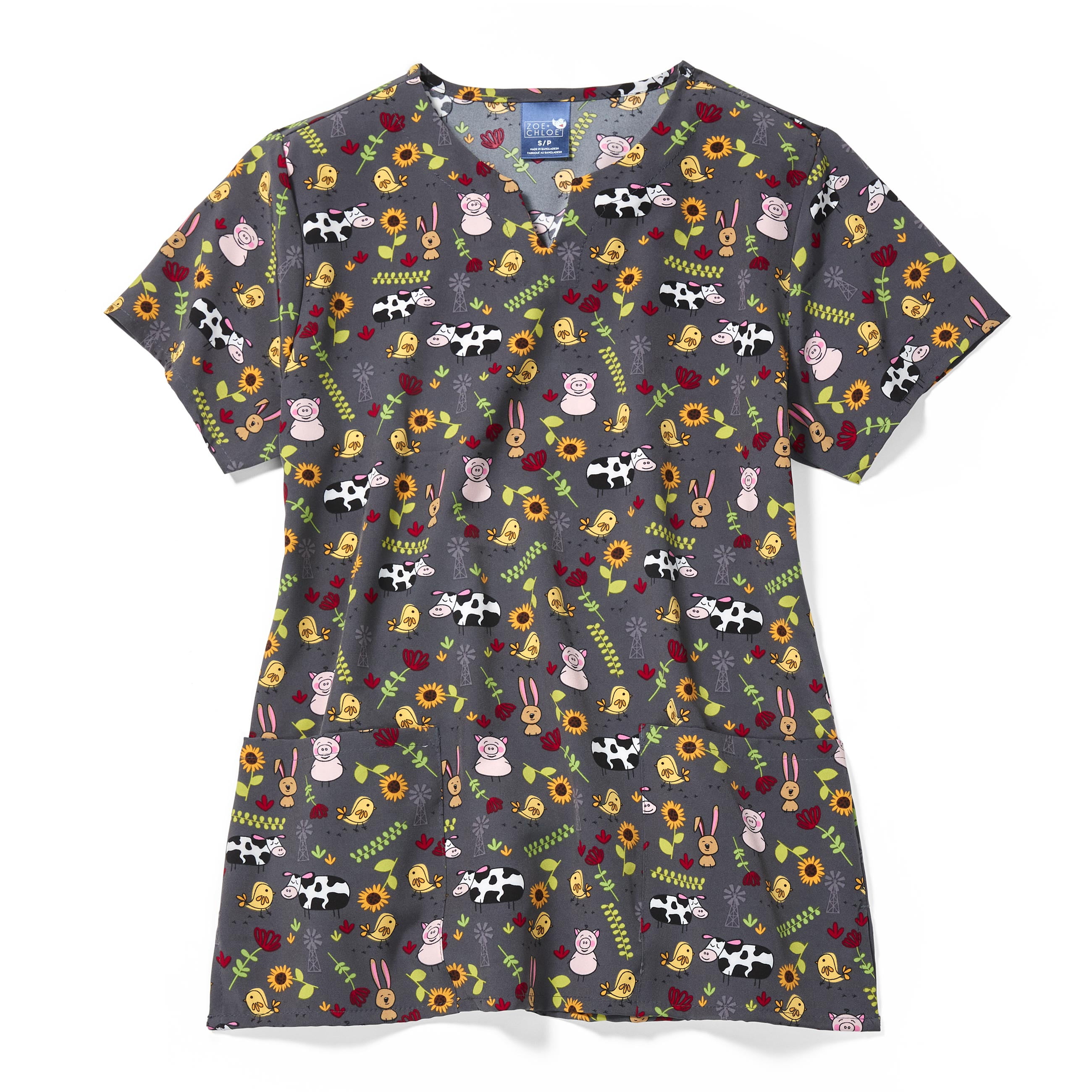 Zoe+Chloe Performance Notch Neck Print Scrub Top, Farm Friends, 4X ...