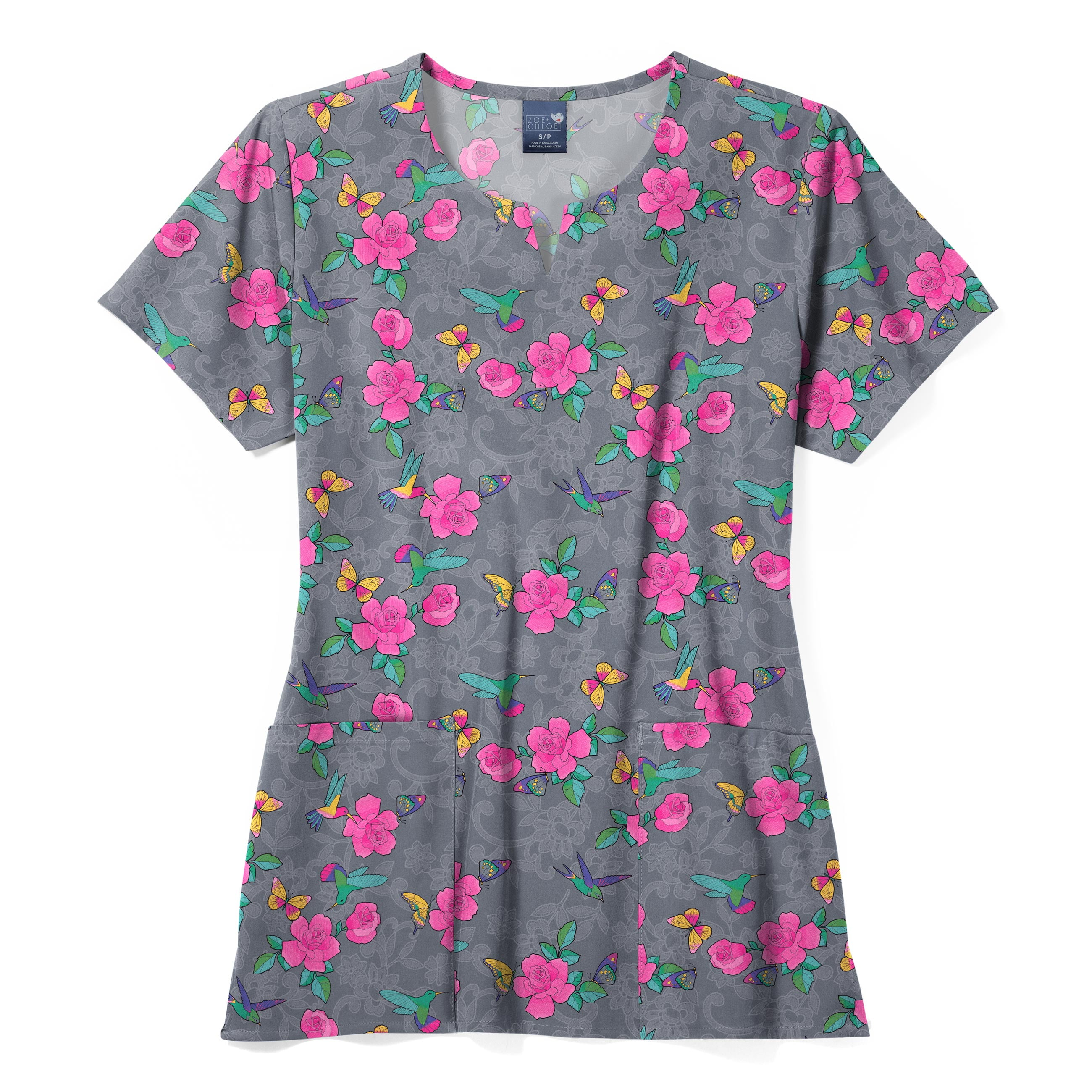 Zoe+Chloe Performance Notch Neck Print Scrub Top, Hummingbird Bloom, L - Walmart.com