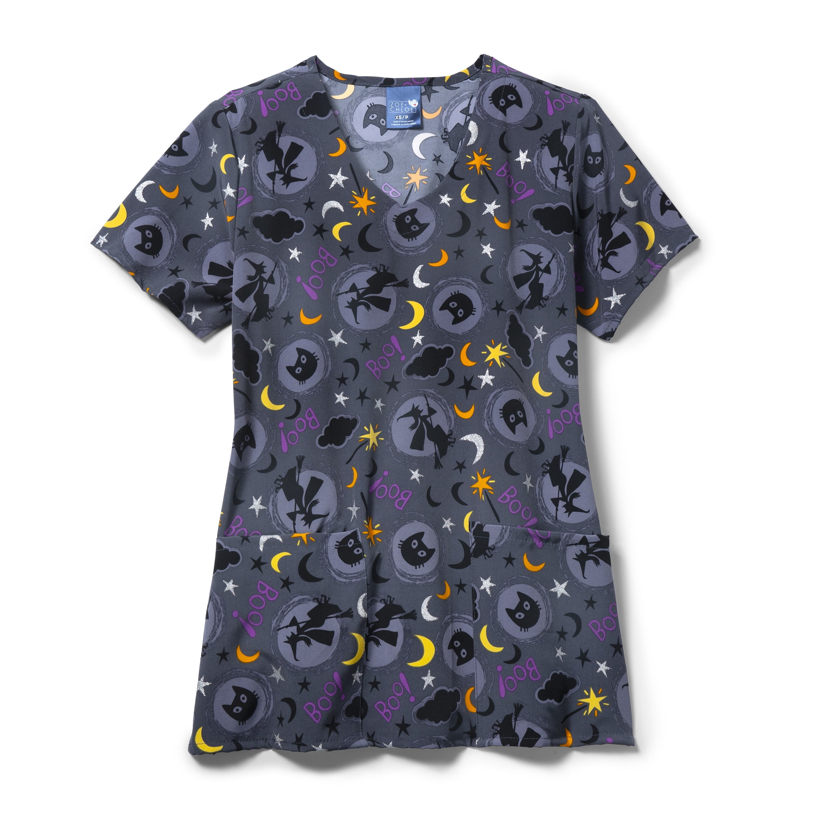 Zoe+Chloe Performance V-Neck Print Scrub Top, Bad And Boo-Jee, S ...