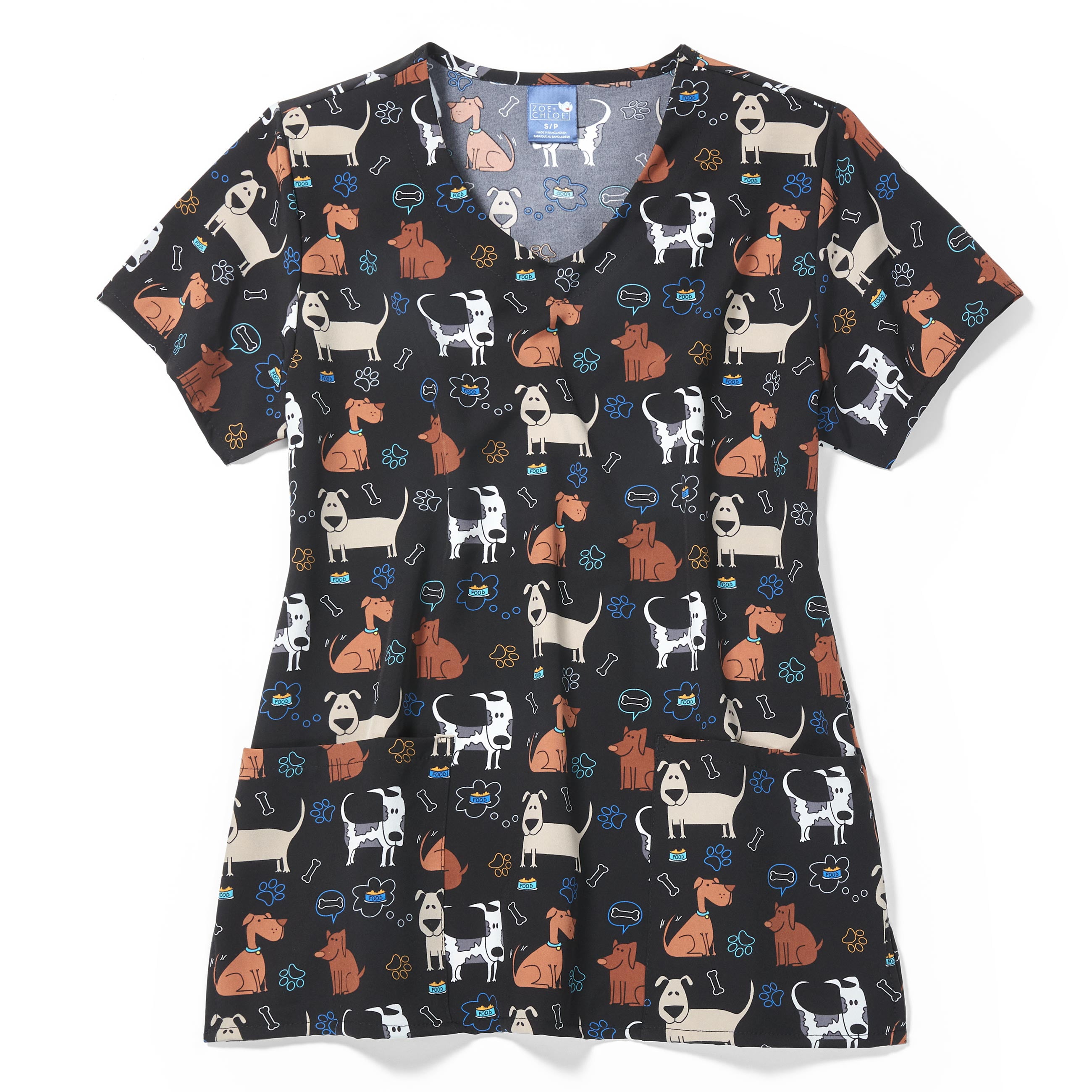Zoe+Chloe Performance V-Neck Print Scrub Top, Kibble Dribble, M ...