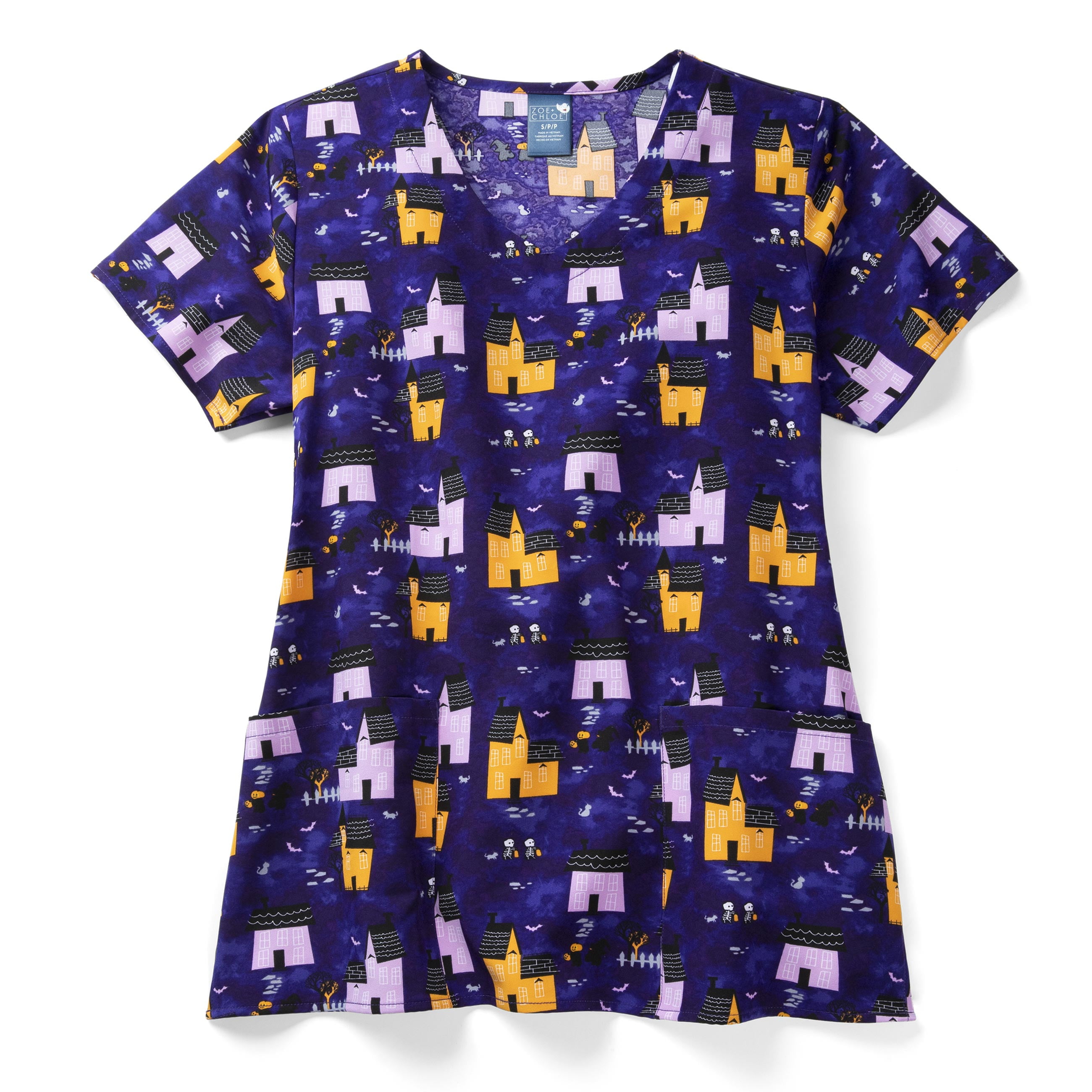 Zoe+Chloe Performance V-Neck Print Scrub Top, Trick or Treat, 5X ...