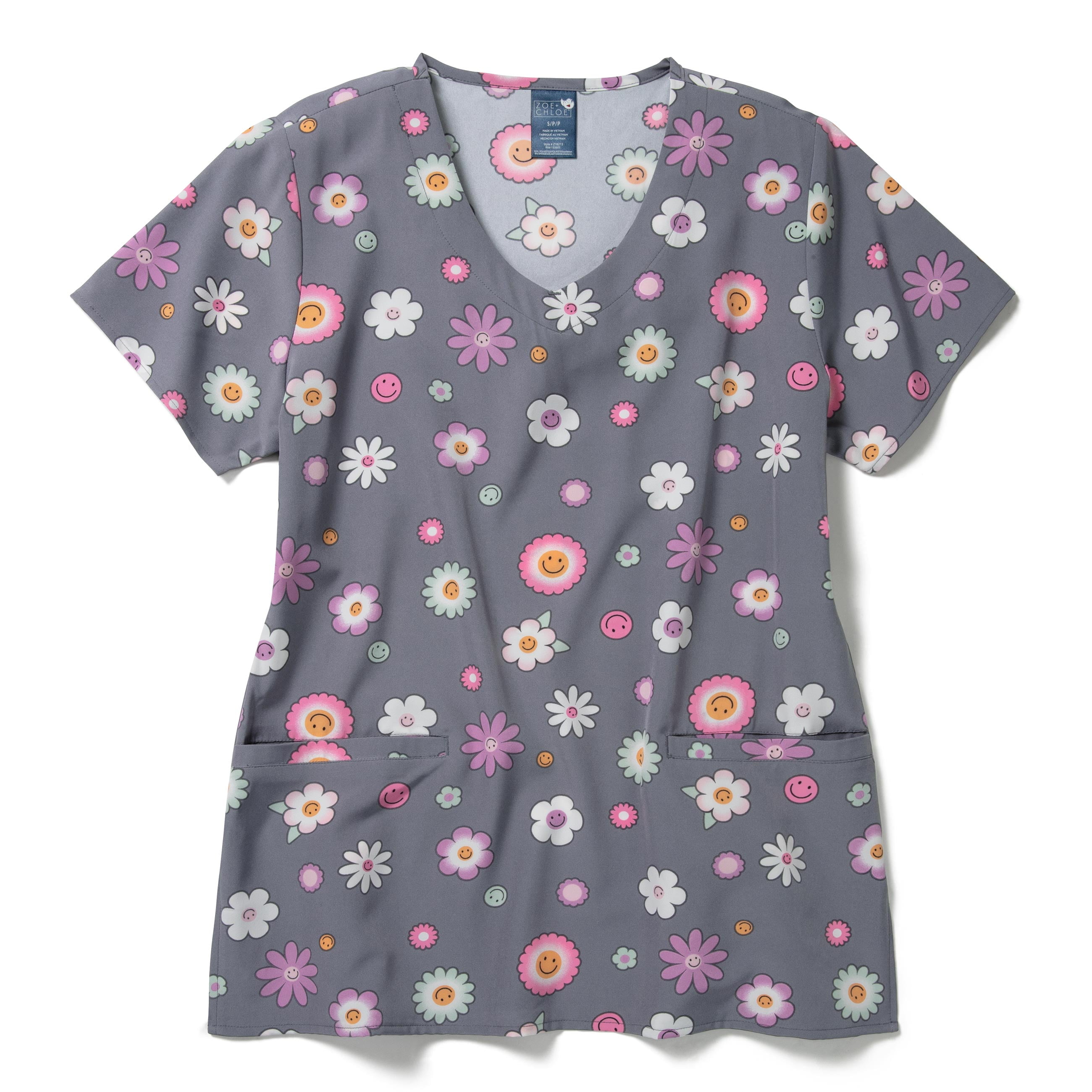 Zoe+Chloe V-Neck Border Print Scrub Top, Pastel Poppy, M - Walmart.com