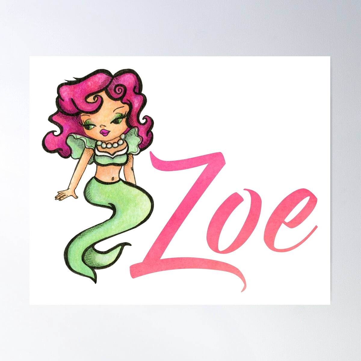 Zoe Girls Name With Vintage Mermaid Poster Wall Art, Modern Wall Decor ...