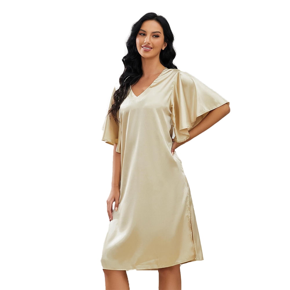 Zoeecloth Womens Nightgown Silk Pajamas Summr V-Neck Short Sleeve ...