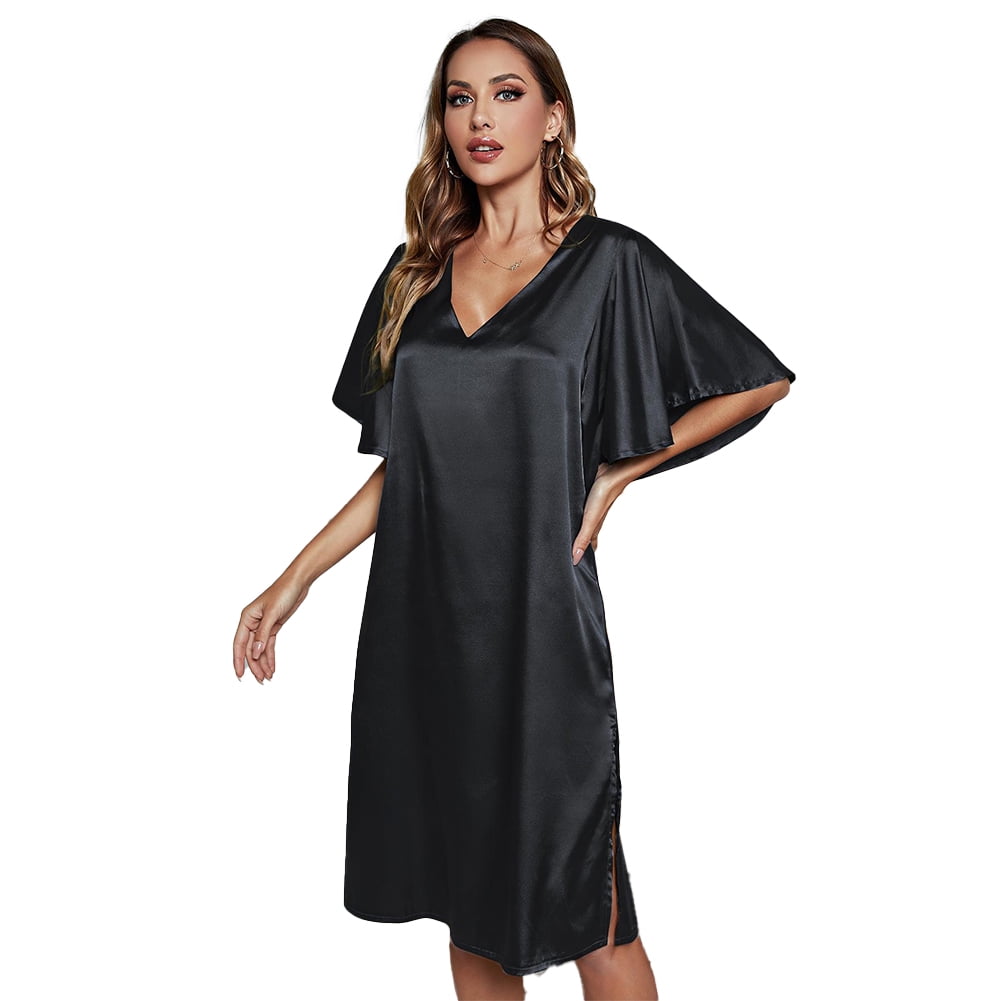 Zoeecloth Womens Nightgown Silk Pajamas Summr V-Neck Short Sleeve ...