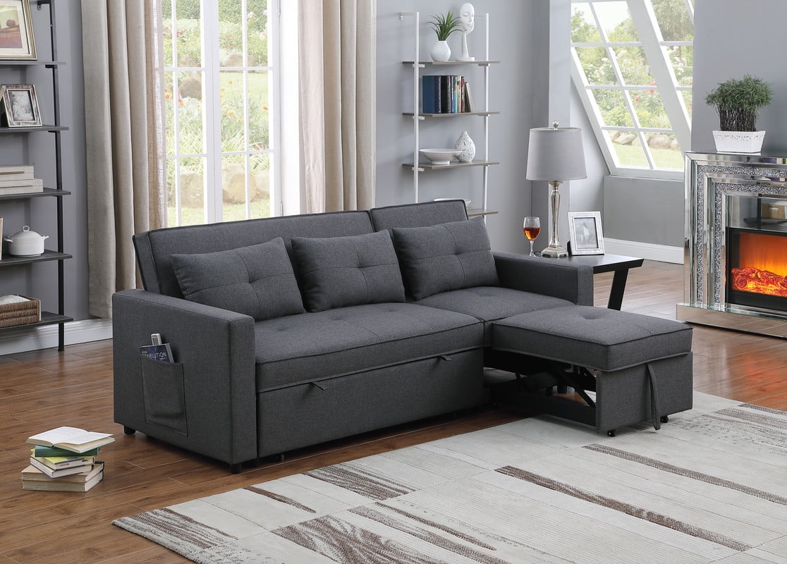 Lara Modern Linen Fabric Convertible Sleeper Sofa Bed with Side Pocket ...