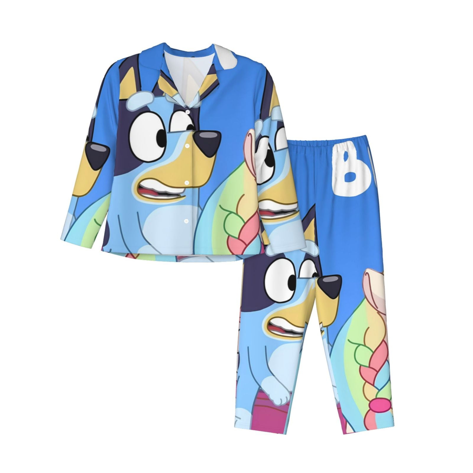 Zofaai Bluey Pattern Women's Pajamas Set, V-neck Button-down Long ...