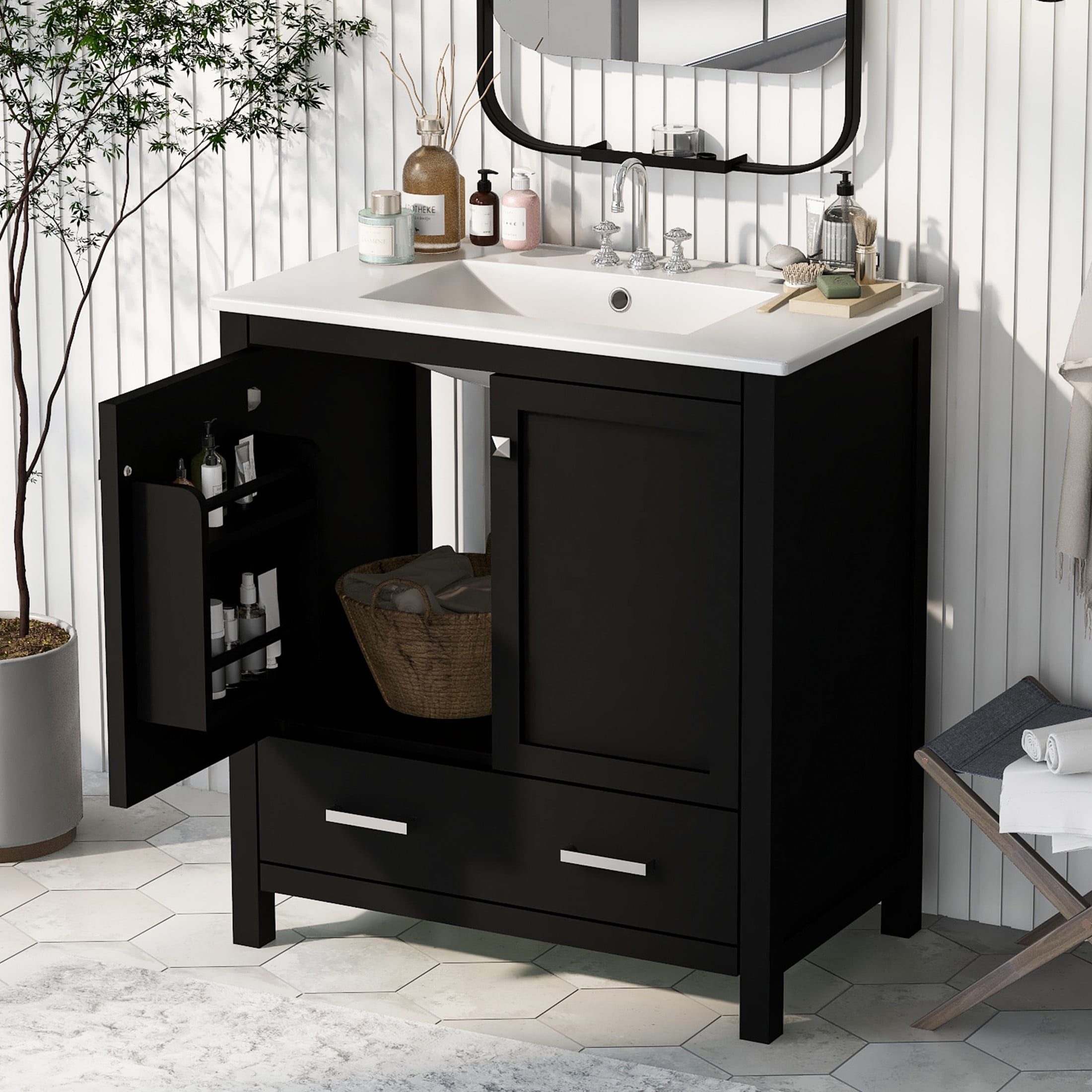 Zolaris Modern Bathroom Vanity with Ceramic Sink, Shelves, Drawers ...