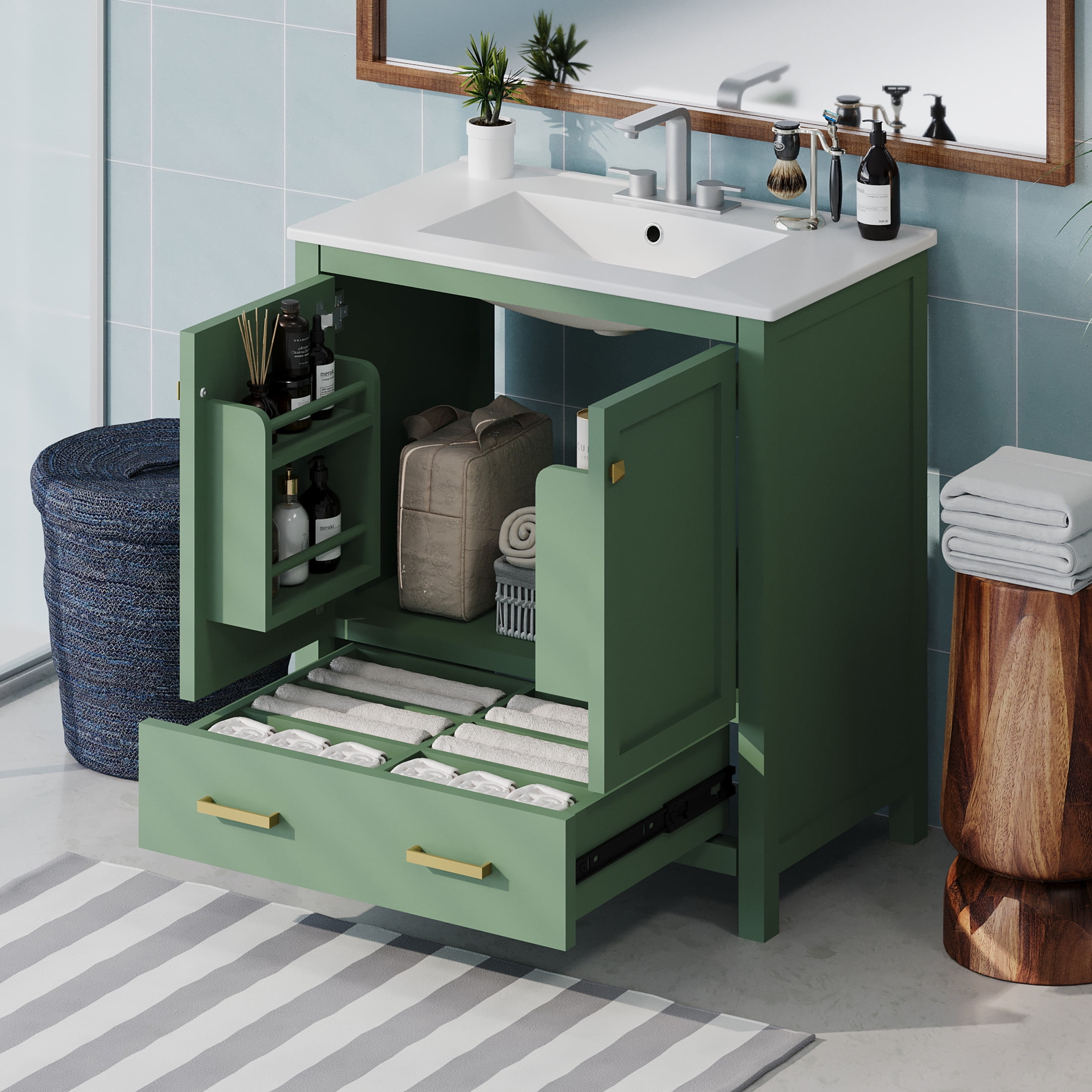 Zolaris Modern Bathroom Vanity with Ceramic Sink, Shelves, Drawers ...