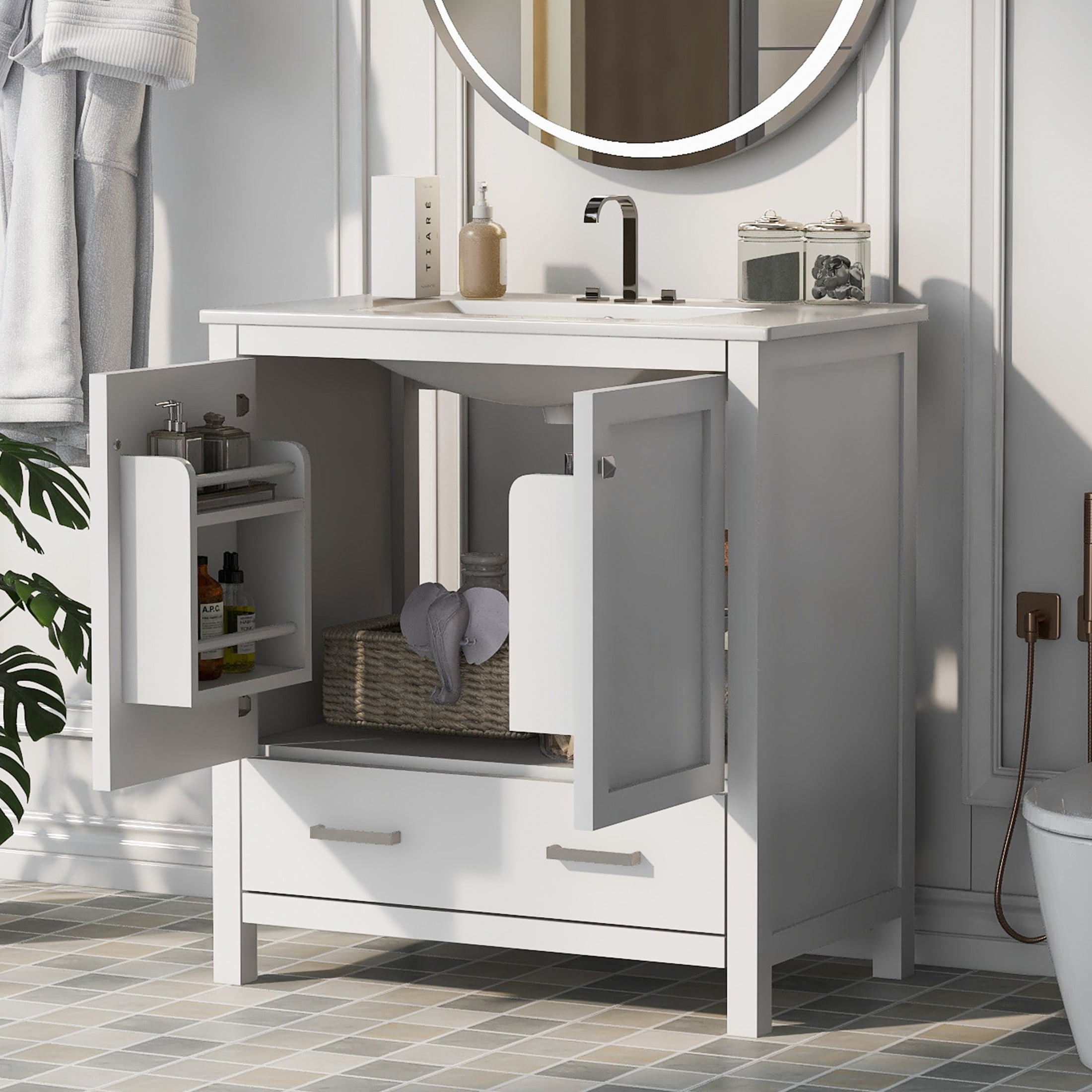 Zolaris Modern Bathroom Vanity with Ceramic Sink, Shelves, Drawers ...