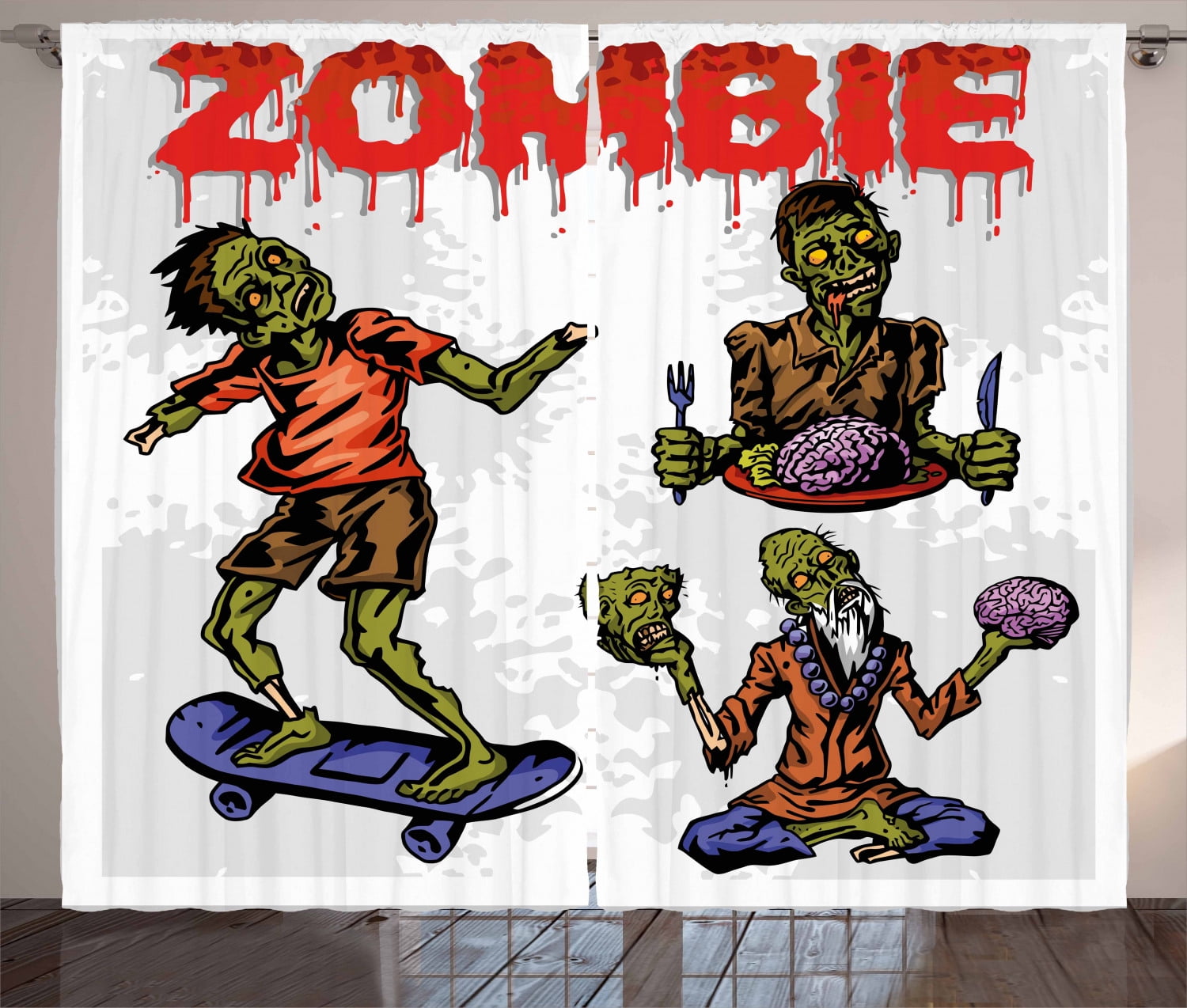 Ambesonne Zombie Curtains 2 Panel Set, Man Eating Brain, 108" x 63 ...