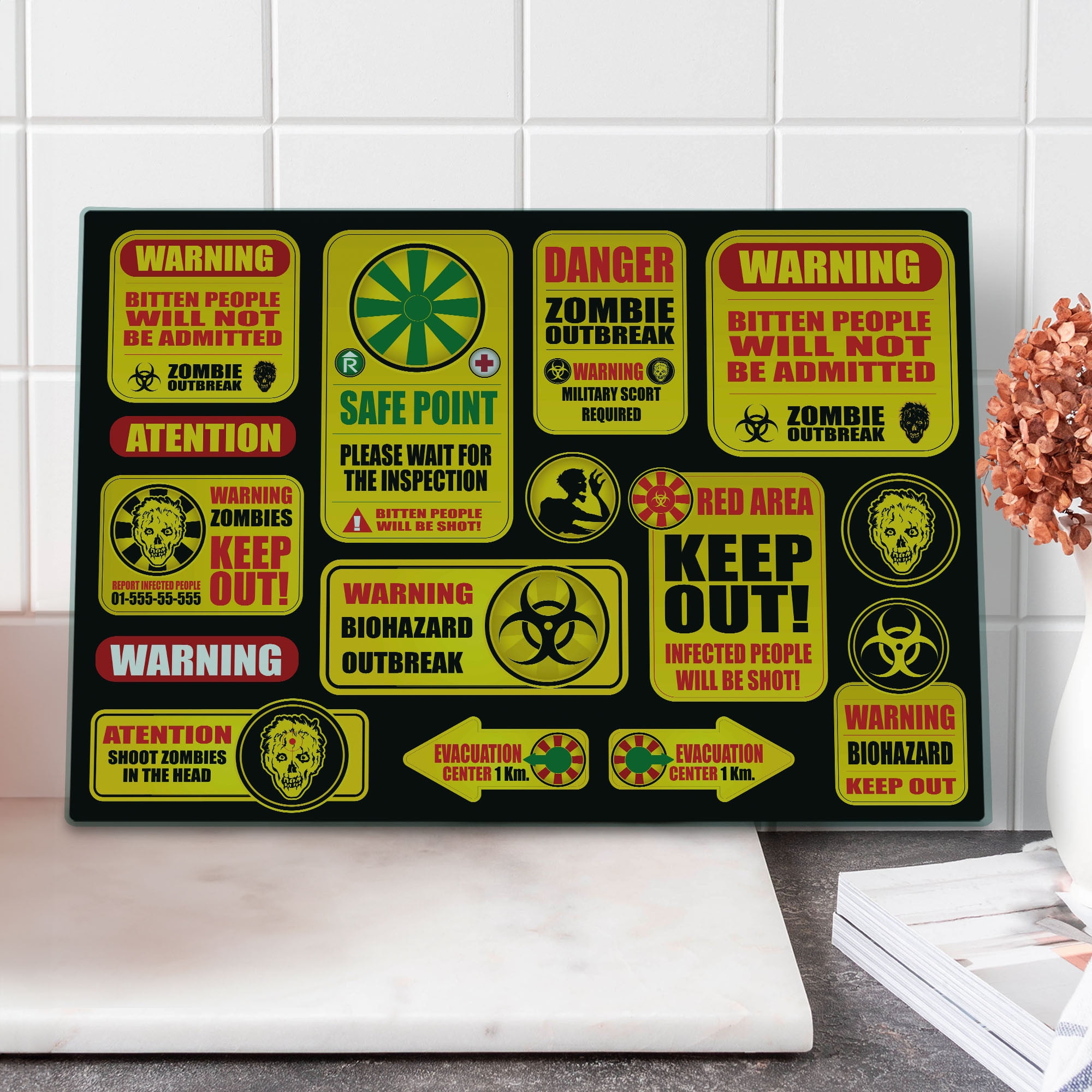 Zombie Cutting Board, Apocalypse Signs Attention Danger Safe Point Evil ...