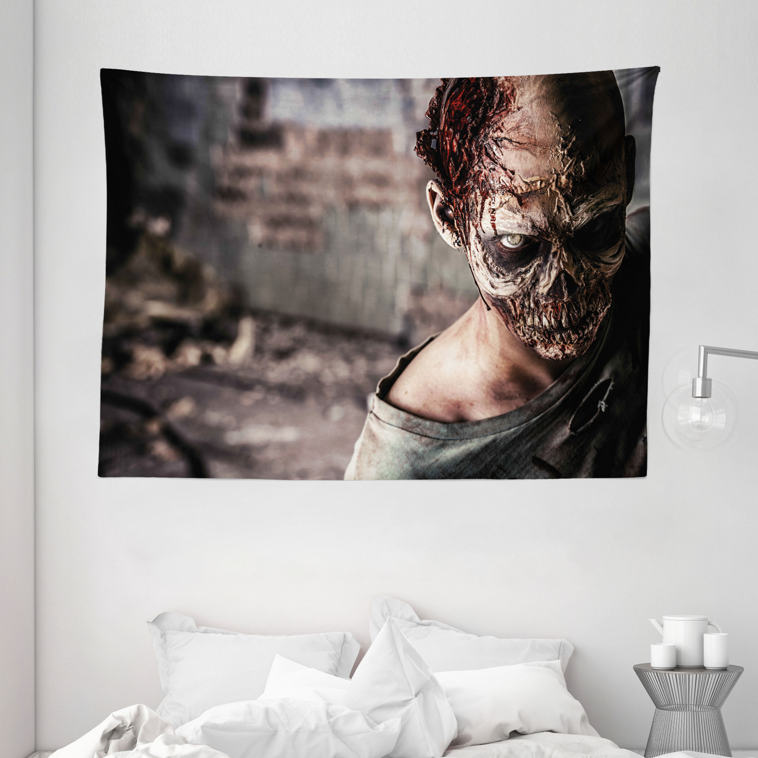 Zombie Decor Tapestry, Dead Person in Ruined House with Creepy Look ...