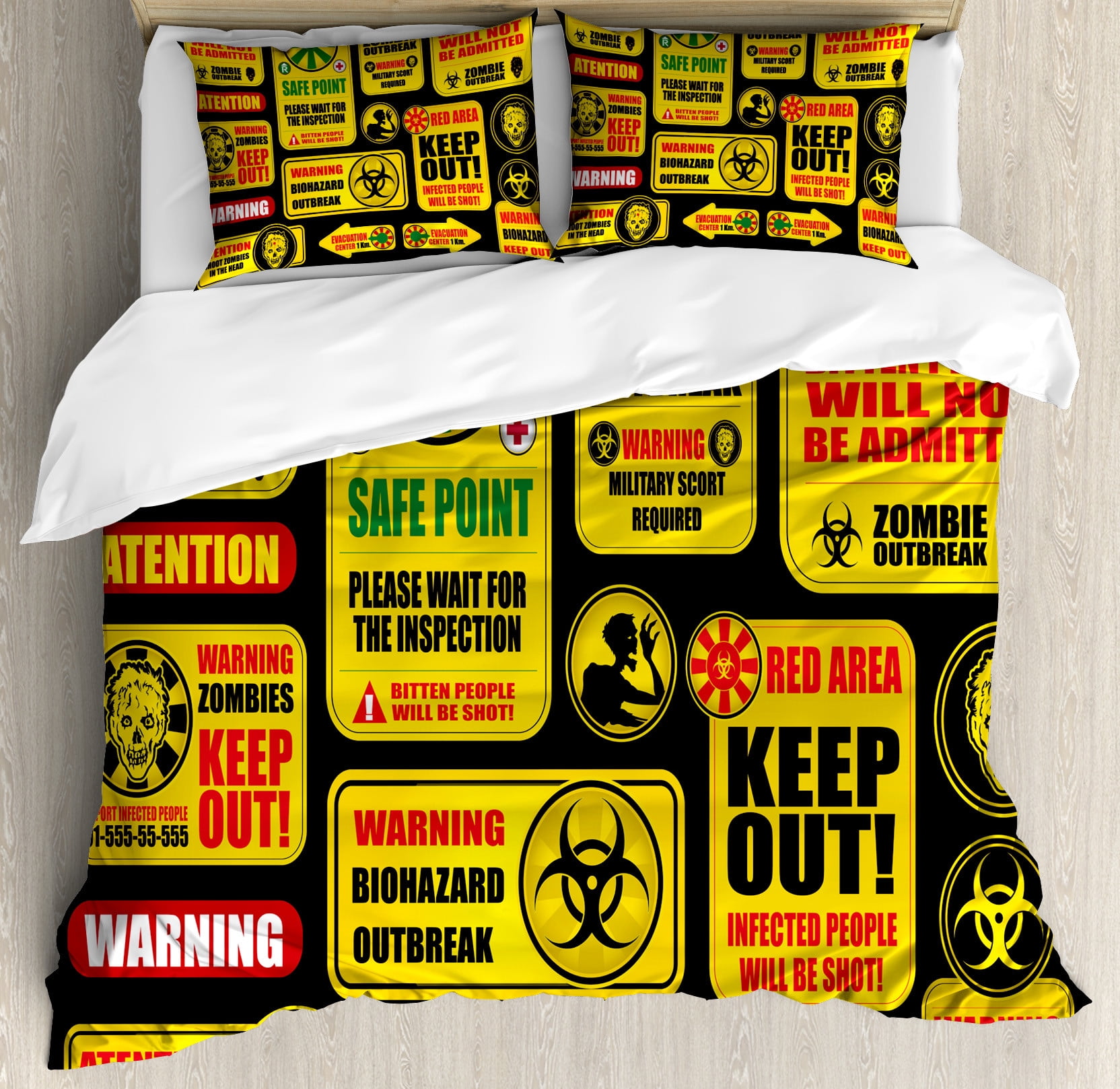 Zombie Duvet Cover Set, Apocalypse Signs Attention Danger Safe Point ...