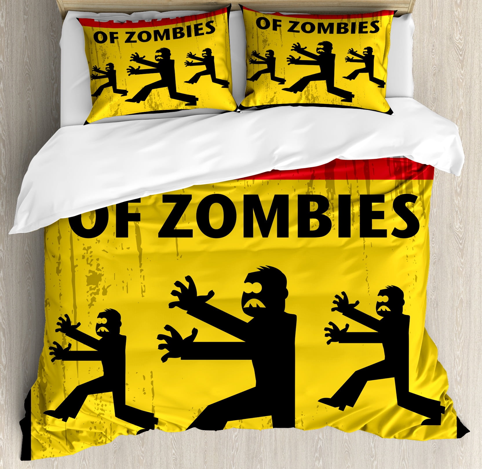Zombie Duvet Cover Set, Beware of the Zombies Fiction Humor Sign ...