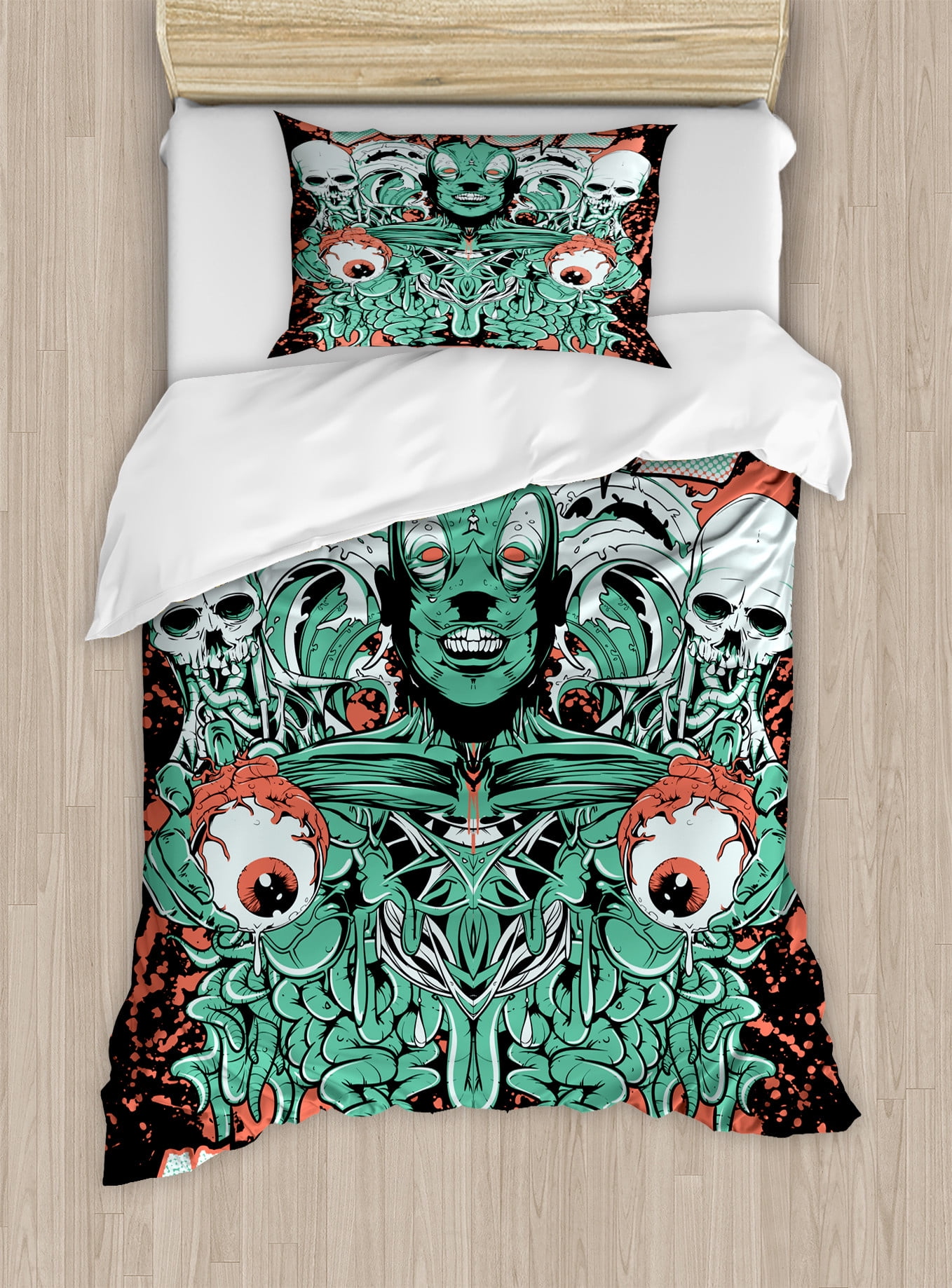 Zombie Duvet Cover Set, Retro Style Nightmare with Skulls Ghost ...