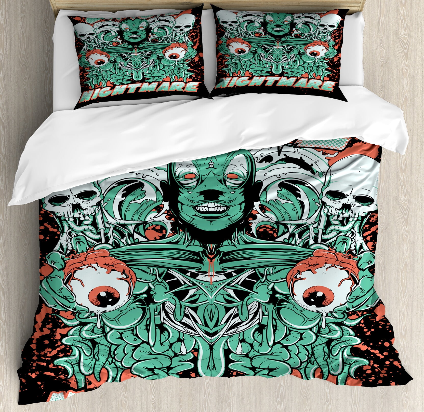 Zombie Duvet Cover Set, Retro Style Nightmare with Skulls Ghost ...