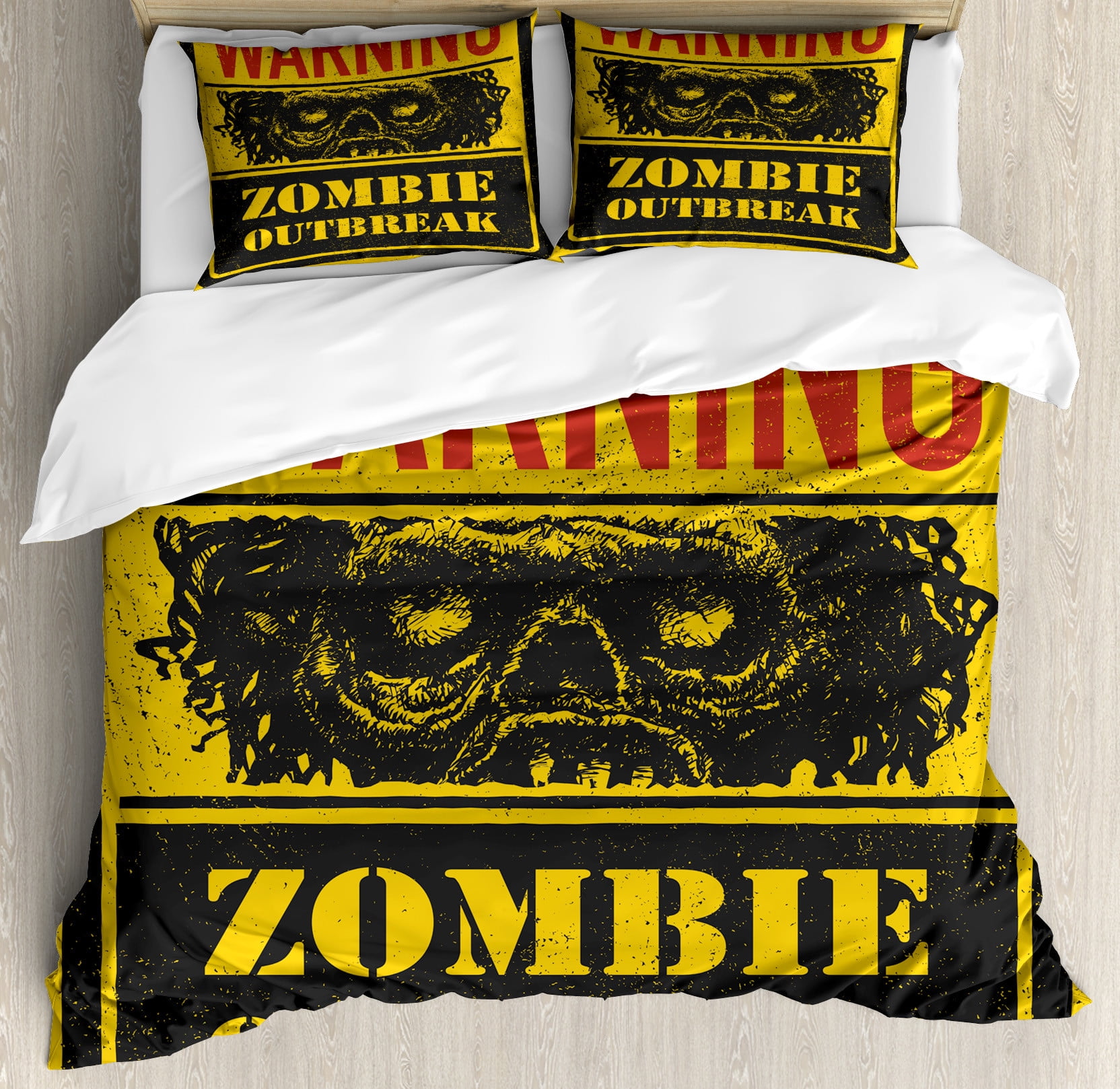 Zombie Duvet Cover Set, Retro Warning Outbreak Horror Monster Sign in ...
