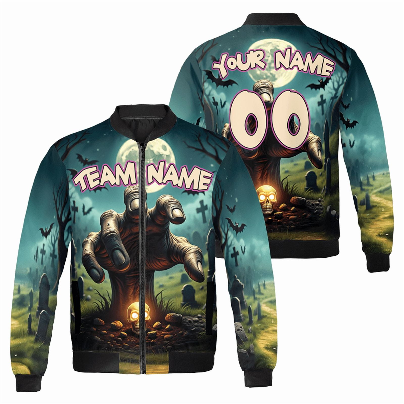 Zombie Hand Halloween Bomber Jacket – Custom Name & Number – Spooky ...