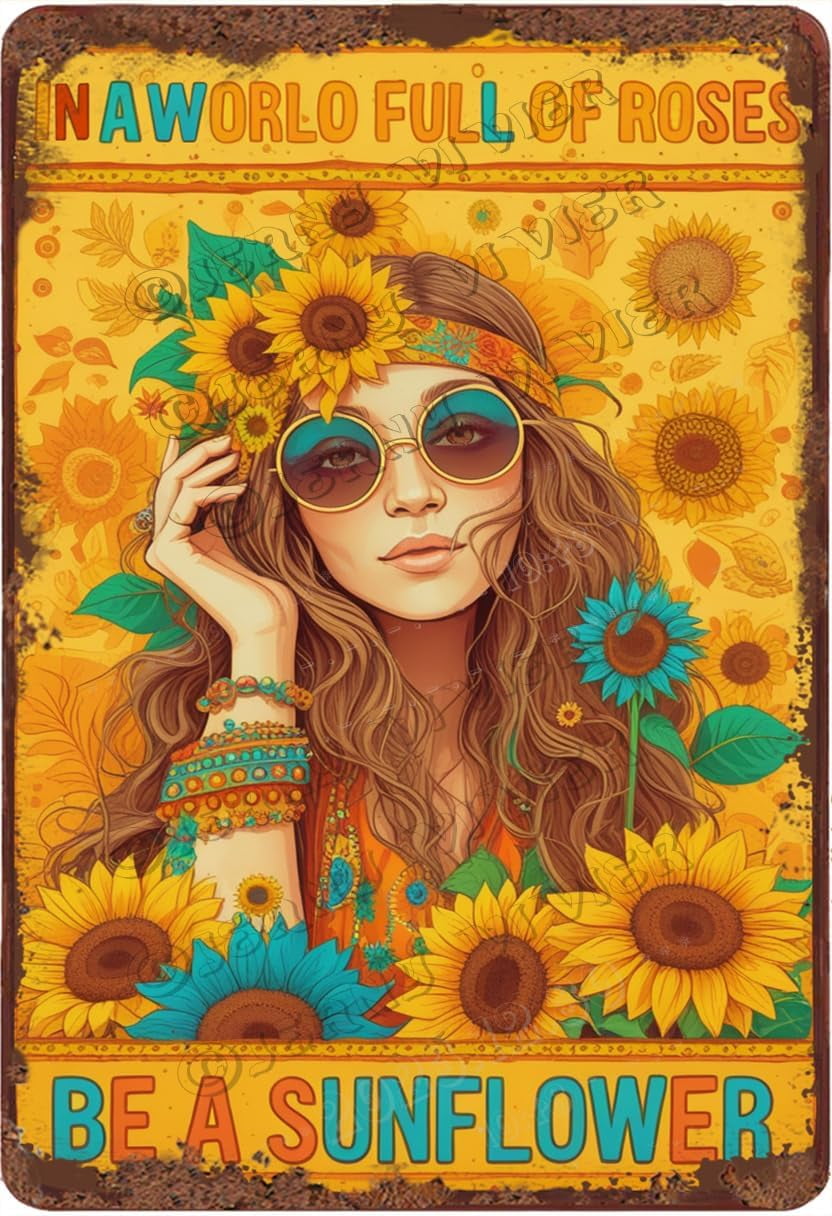 Zomyto 12x8 Inches Vintage Aluminum Sign - Hippie Girl with Sunflower ...