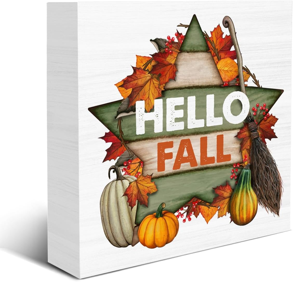 Zomyto 5"x5" Fall Decor Sign Hello Fall Wood Box Sign Autumn Pumpkin ...
