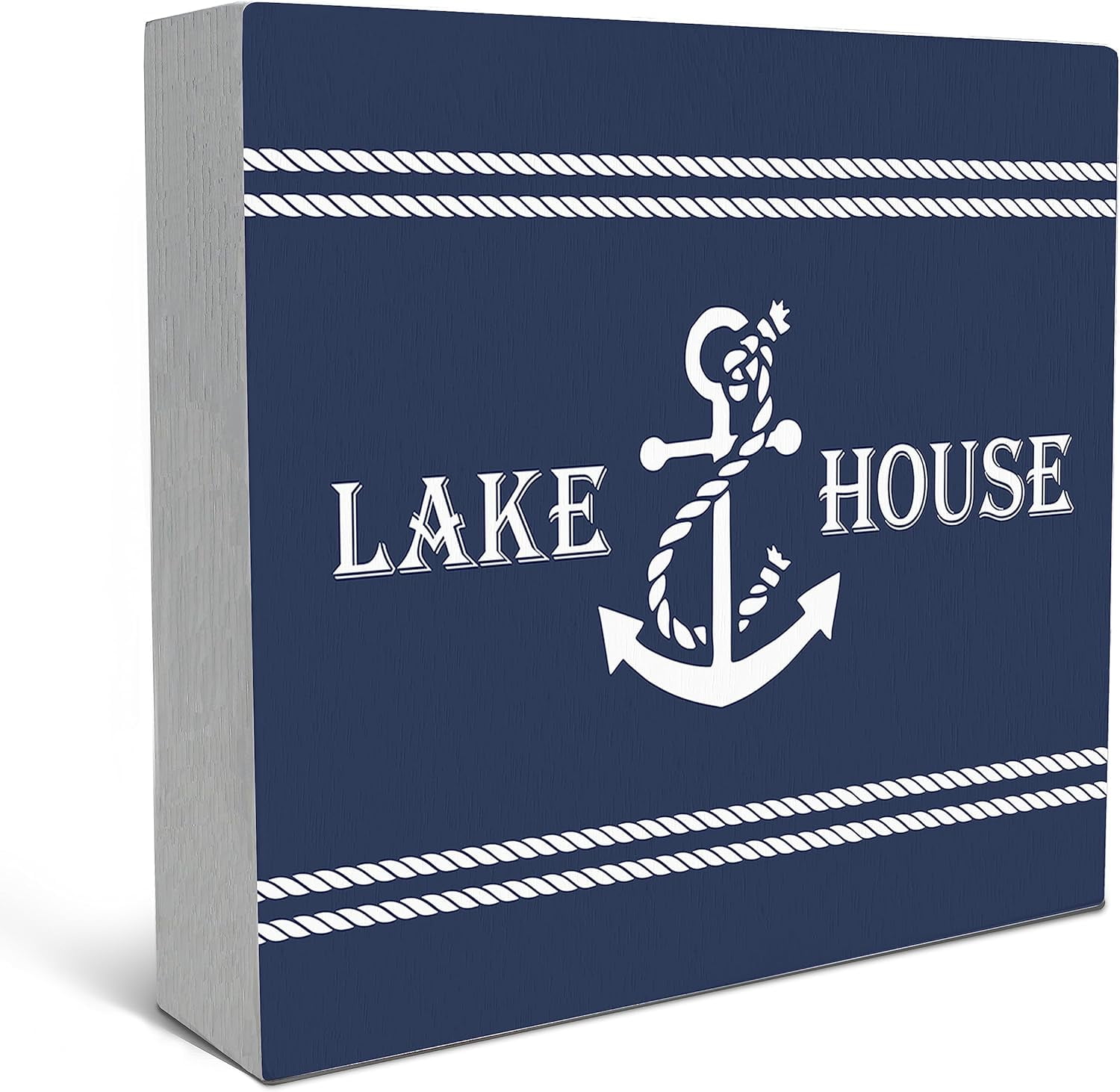 Zomyto 5"x5" Summer Lake House Anchor with Rope Navy Wood Box Sign Desk ...