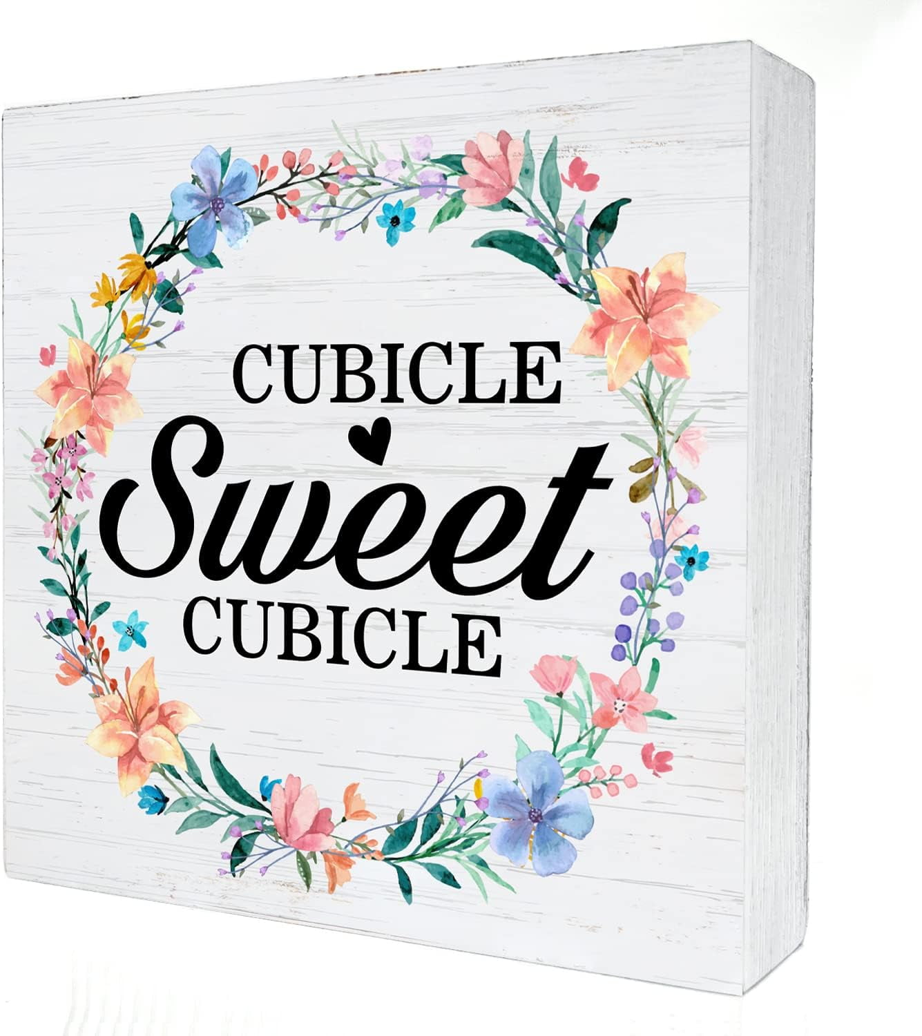 Zomyto 5x5 Inches Cubicle Sweet Cubicle Wood Box Sign Decor Rustic Floral Office Space Wooden ...
