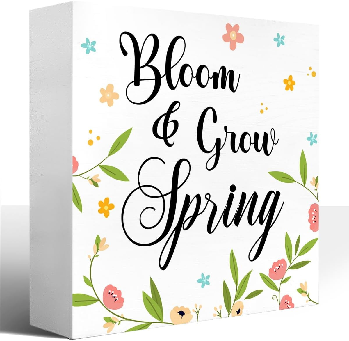 Zomyto 7"x7" Rustic Spring Wood Block Signs,Bloom & Grow Spring Wooden ...