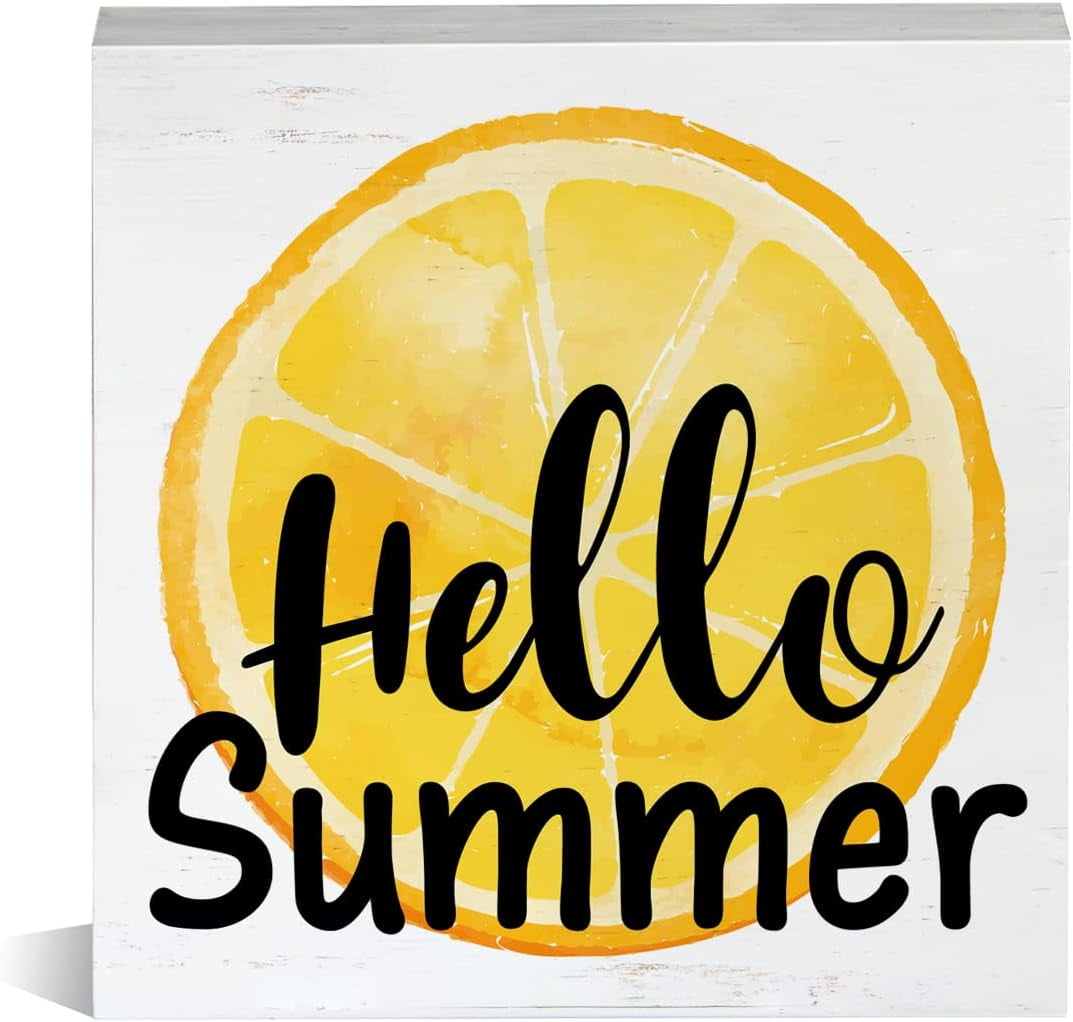 Zomyto 7x7 Inch Farmhouse Hello Summer Wooden Box Sign Watercolors Lemon Theme Wood Block ...
