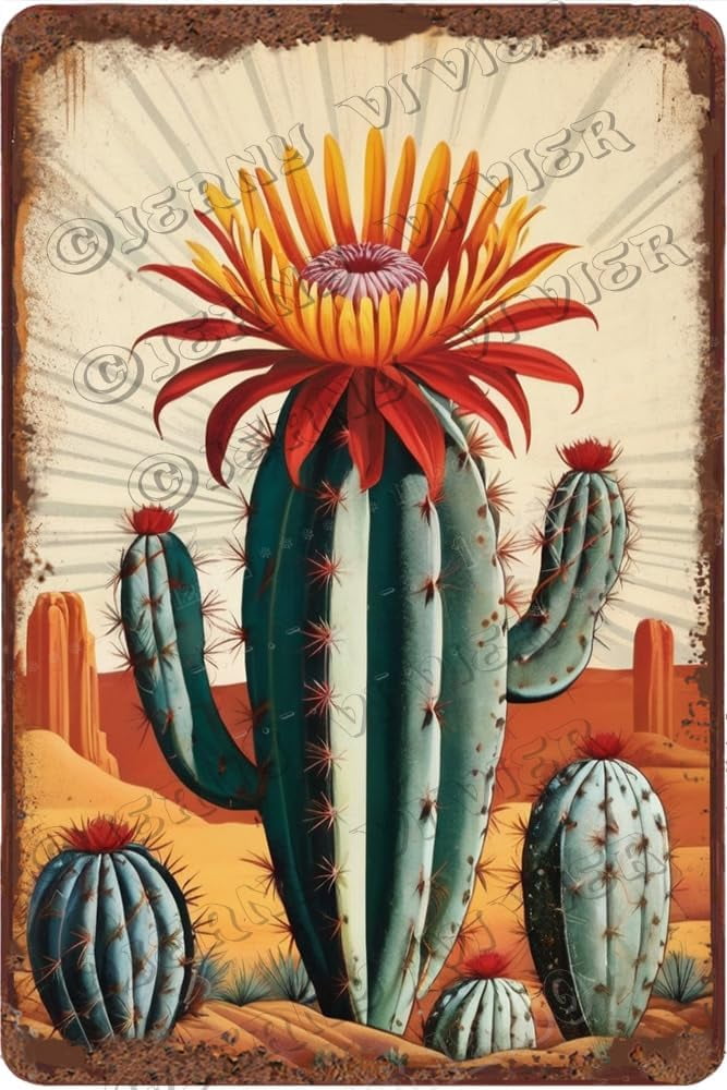Zomyto Cactus with Flower Vintage Aluminum Sign Botanical Wall Decor ...