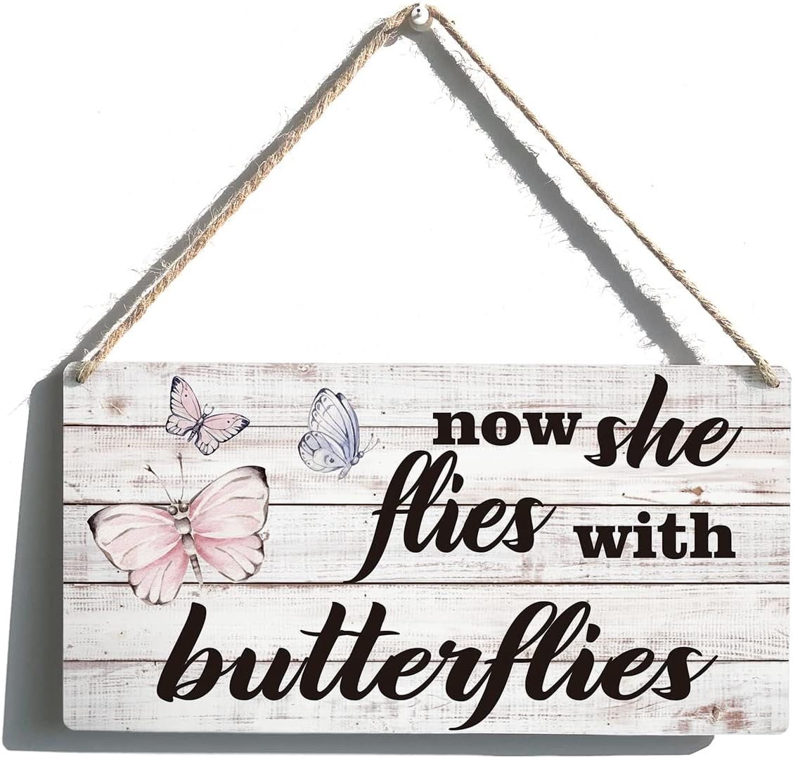 Zomyto Now She Flies With Butterflies Sign Farmhouse Wooden Hanging ...
