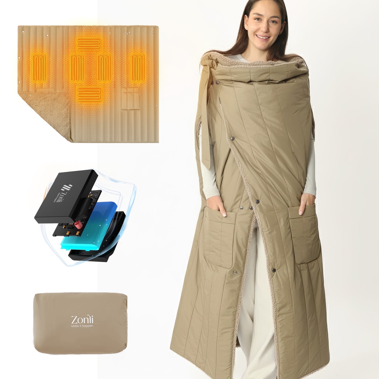 ZonLi Electric Wearable Heated Blanket, Khaki,2-in-1 Portable Cordless ...