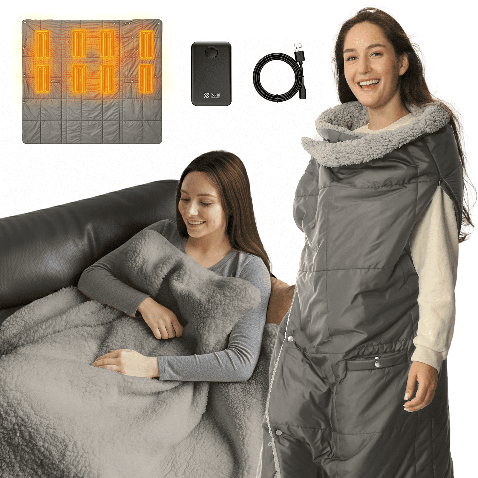 ZonLi Heated Blanket, Gray, Electric Portable Cordless Heated Wearable ...