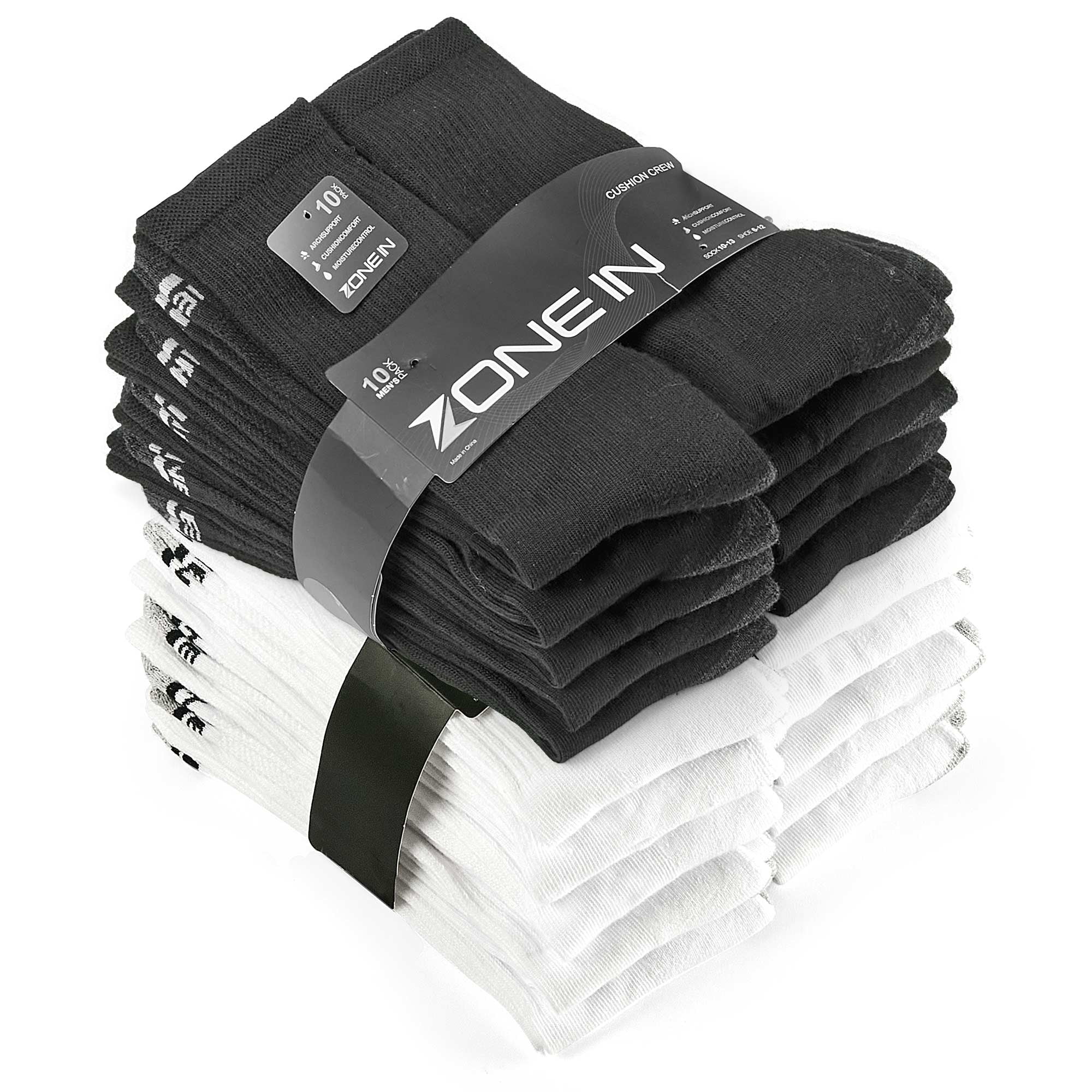 Zone In Cushioned Crew Socks - 20 Pack White/Black, Size: One Size Fits ...