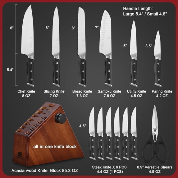 ZongChuan 15-Piece Kitchen Knife Set with Block, High Carbon Stainless ...