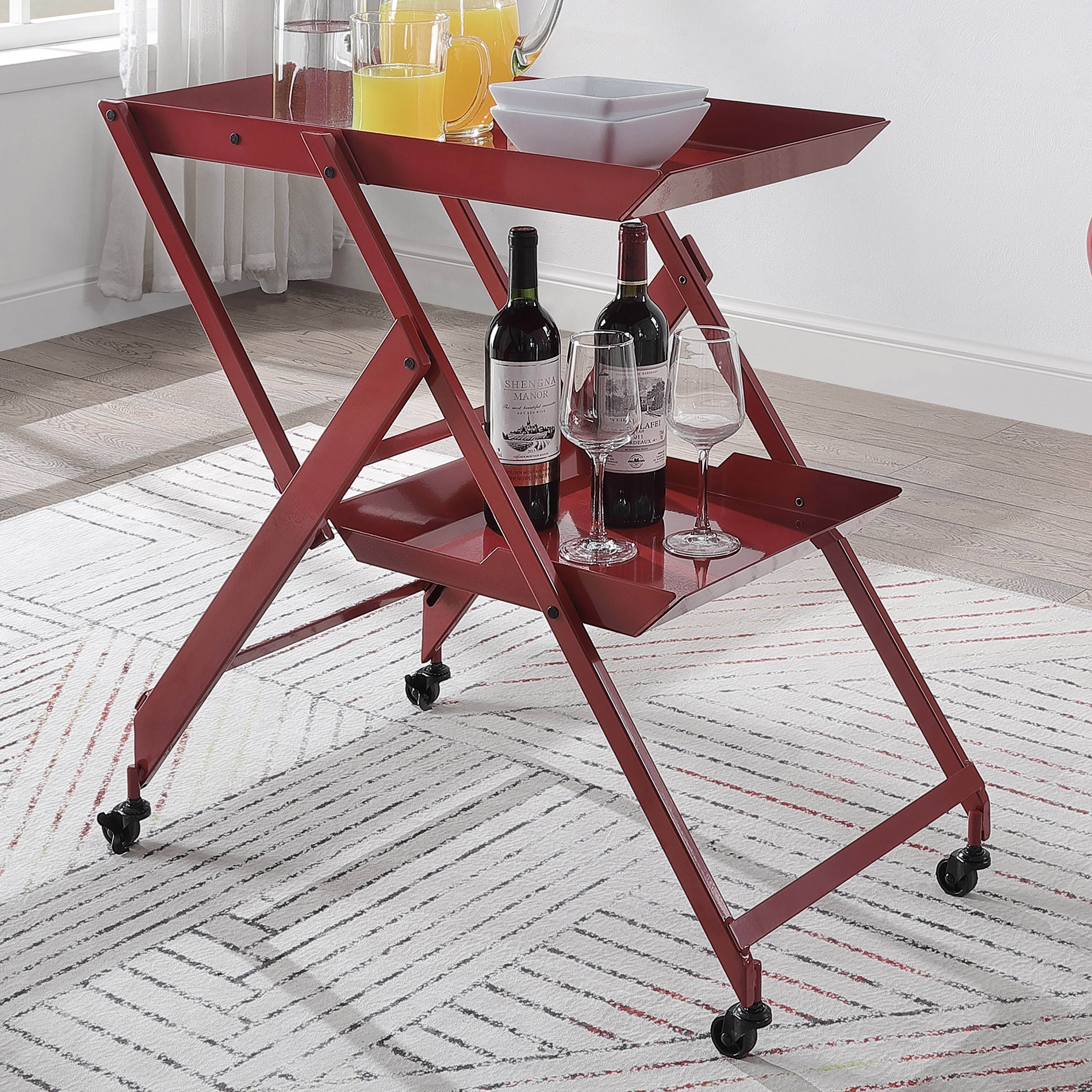 Zonnie Foldable Metal Serving Cart with Wheels, Red - Walmart.com