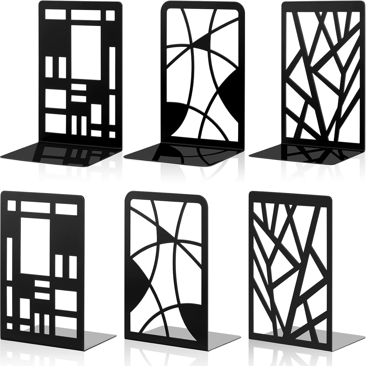 Zonon 6 Pcs Heavy Duty Bookends Decorative Black Metal Bookends for ...