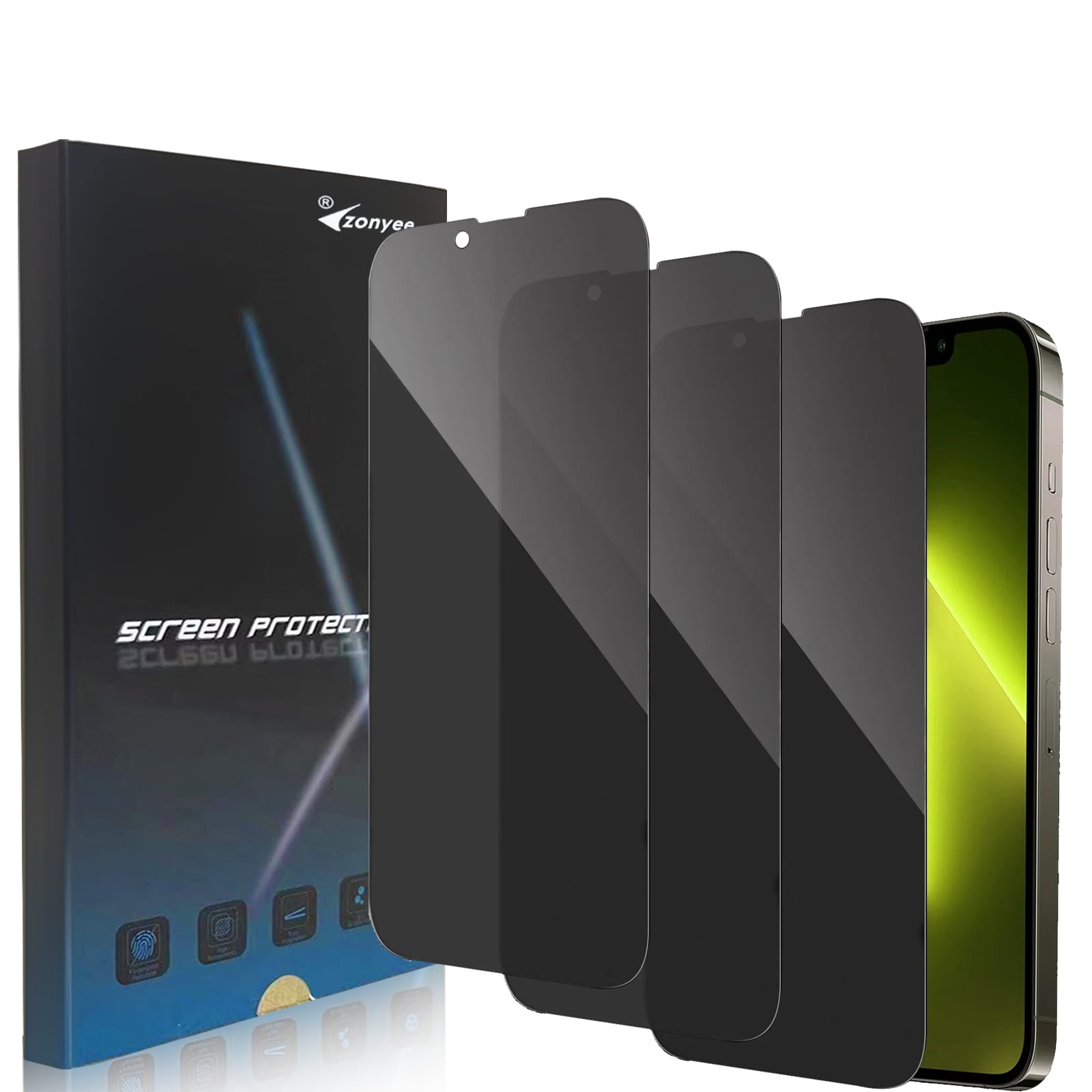 Zonyee 3 Pack Privacy Screen Protector Compatible for iPhone 14 - 6.1", Anti-Spy Tempered Glass ...